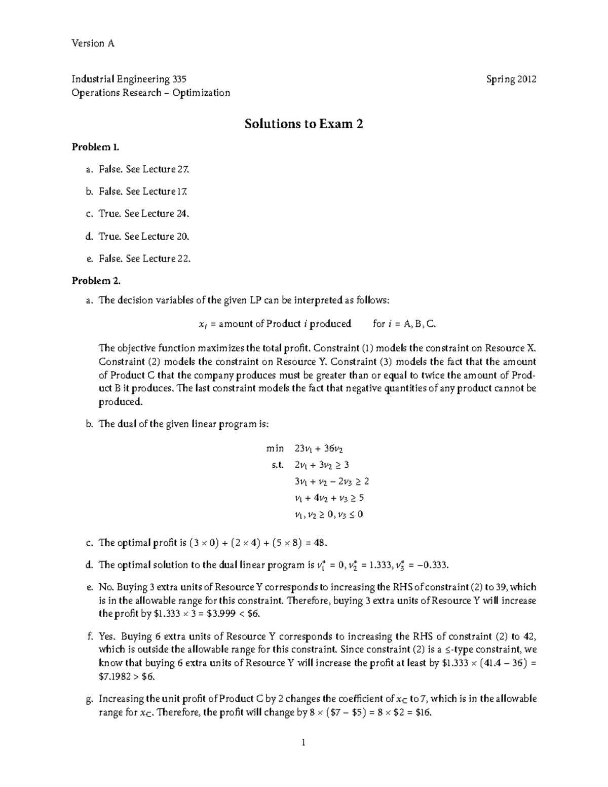 IE 335-Exam 2 Version A - Version A Industrial Engineering çç Spring ...