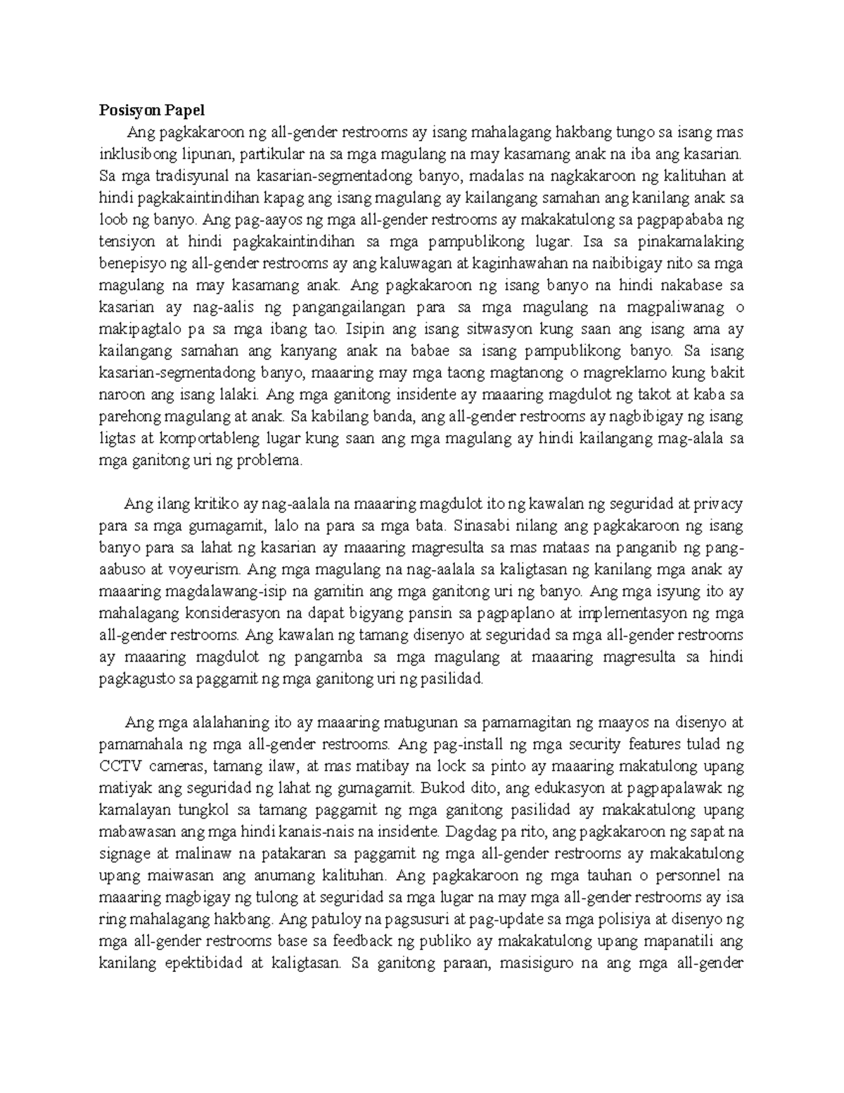 POSITION PAPER IN RESEARCH - Posisyon Papel Ang pagkakaroon ng all ...