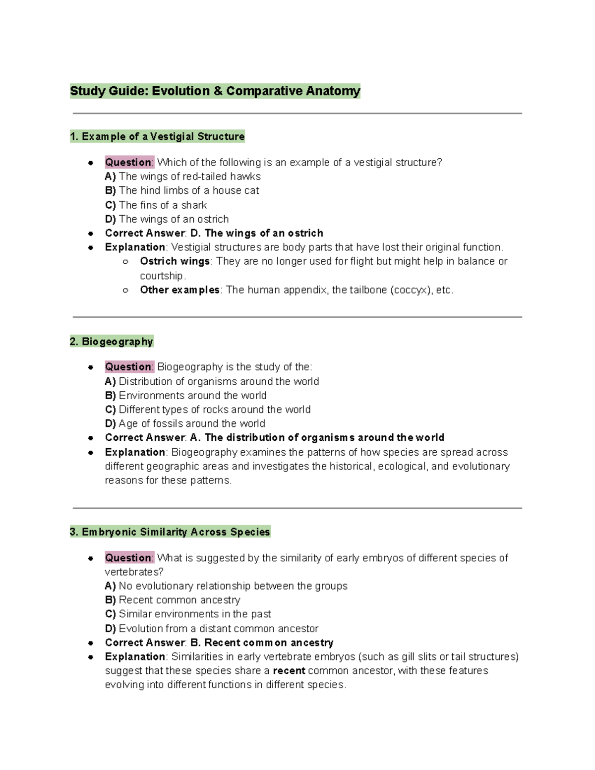 Study Guide Evolution & Comparative Anatomy - Study Guide: Evolution ...