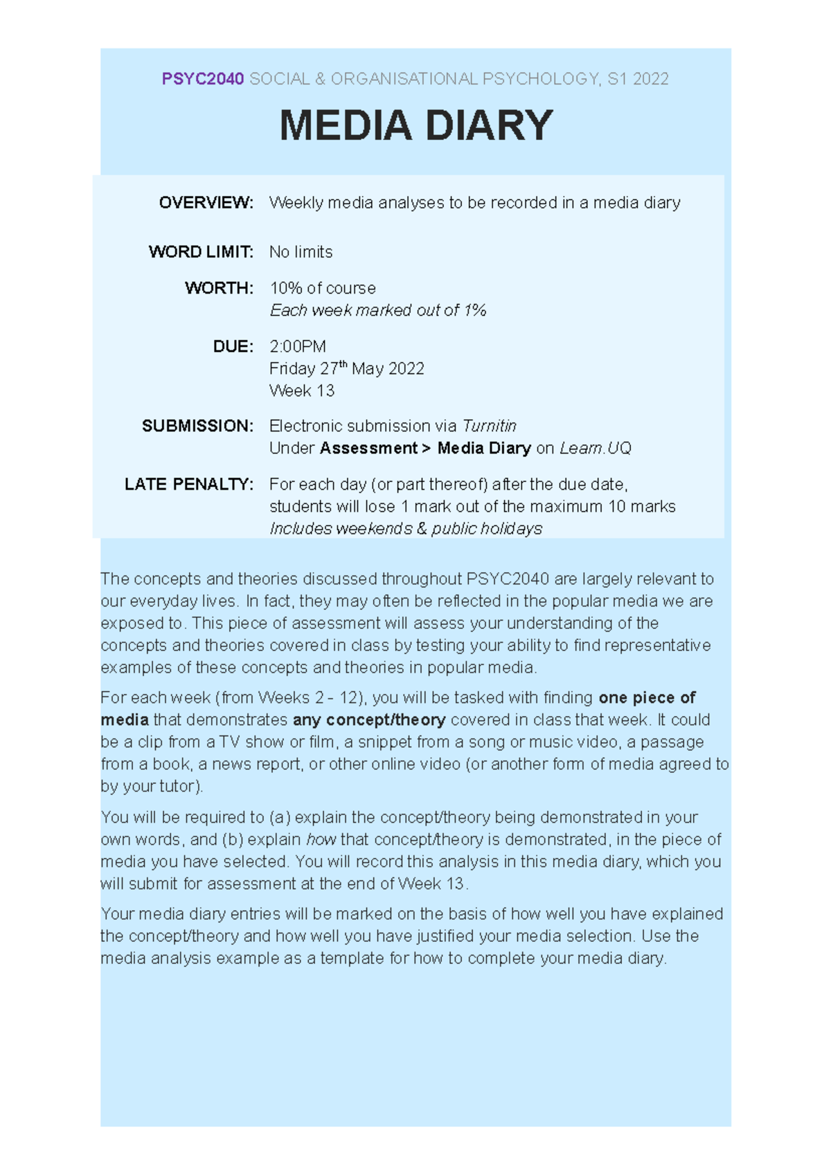 PSYC2040 Media Diary - this is notes - MEDIA DIARY OVERVIEW: Weekly ...