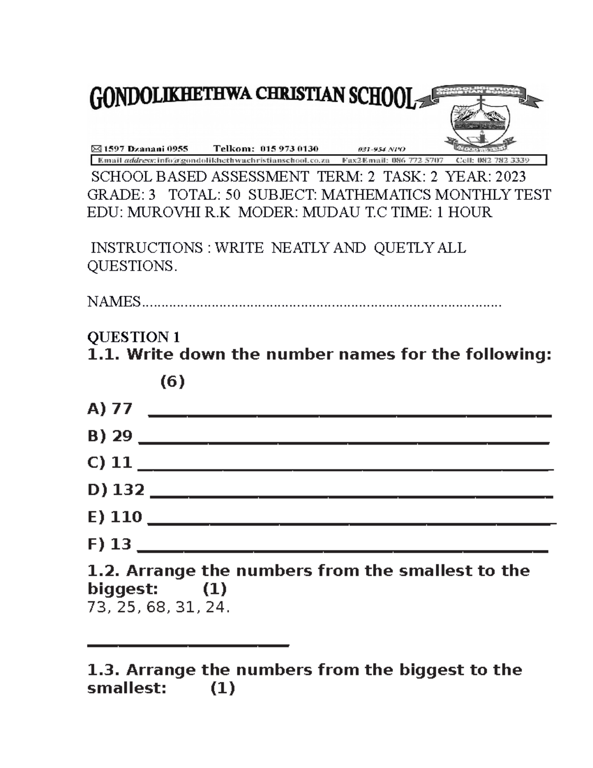 Maths GRD 3 TERM 2 - Lesson plan - SCHOOL BASED ASSESSMENT TERM: 2 TASK ...