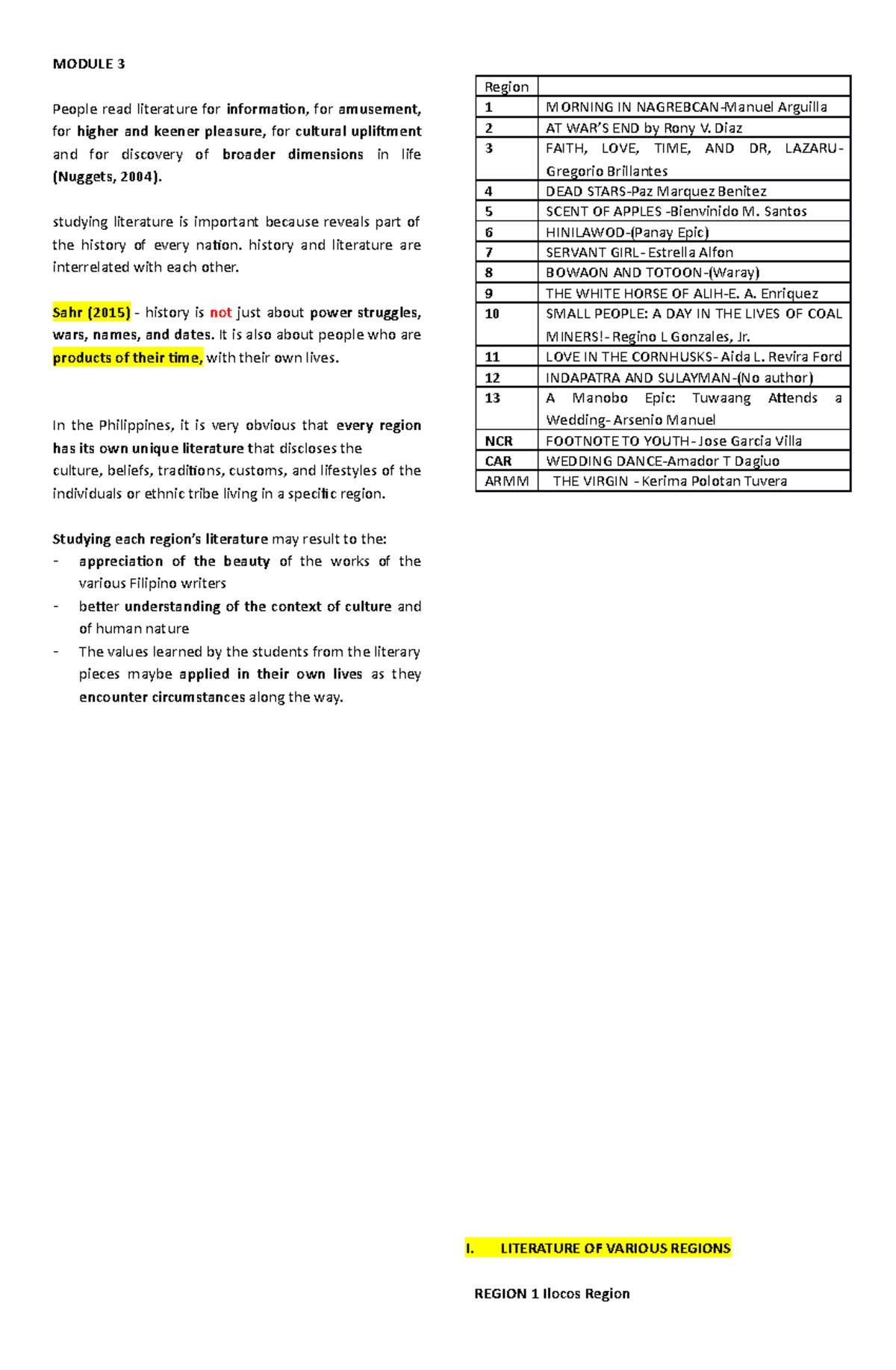 Module-3-regions - Notes - MODULE 3 People read literature for ...