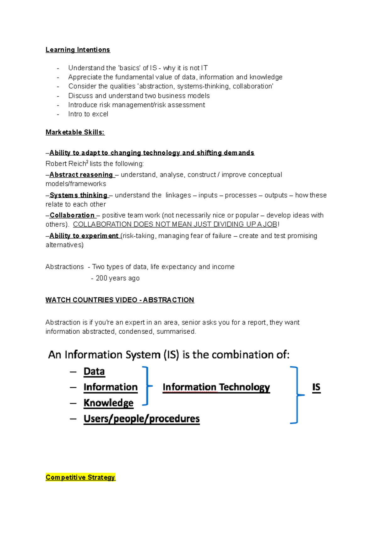 Week 1 - Week course content summary - useful for final exam or midsem ...