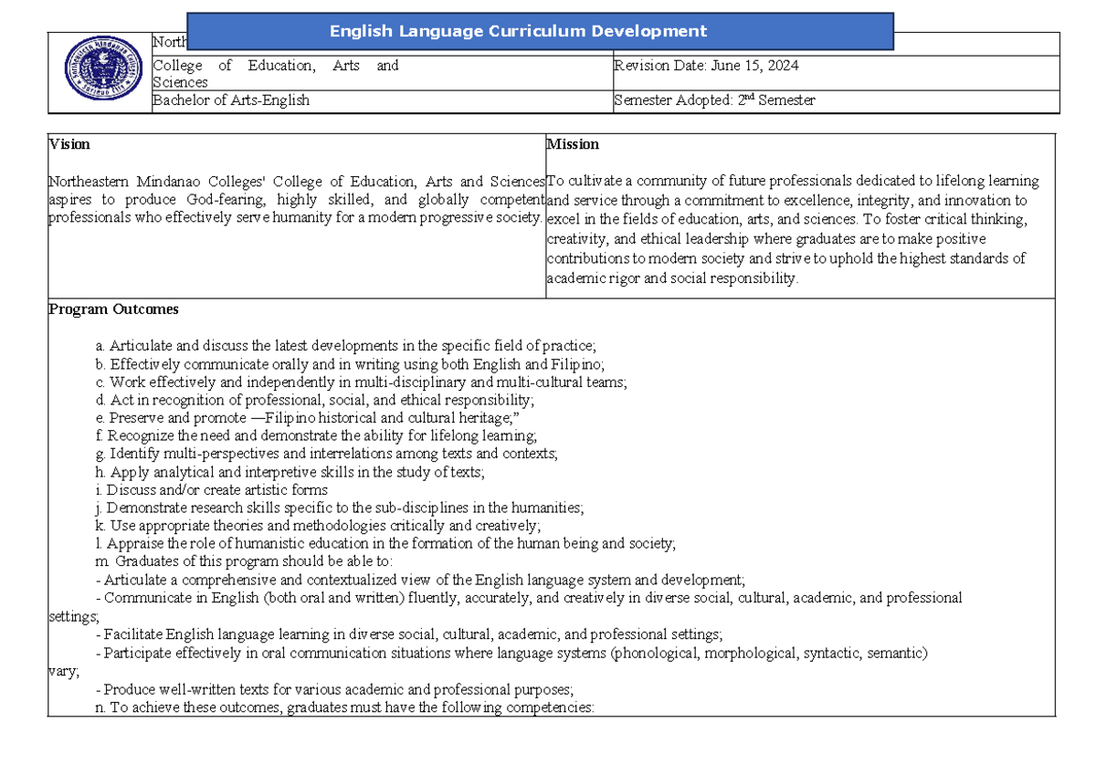 Syllabus-ENG151 - Northeastern Mindanao Colleges Date Last Revised ...
