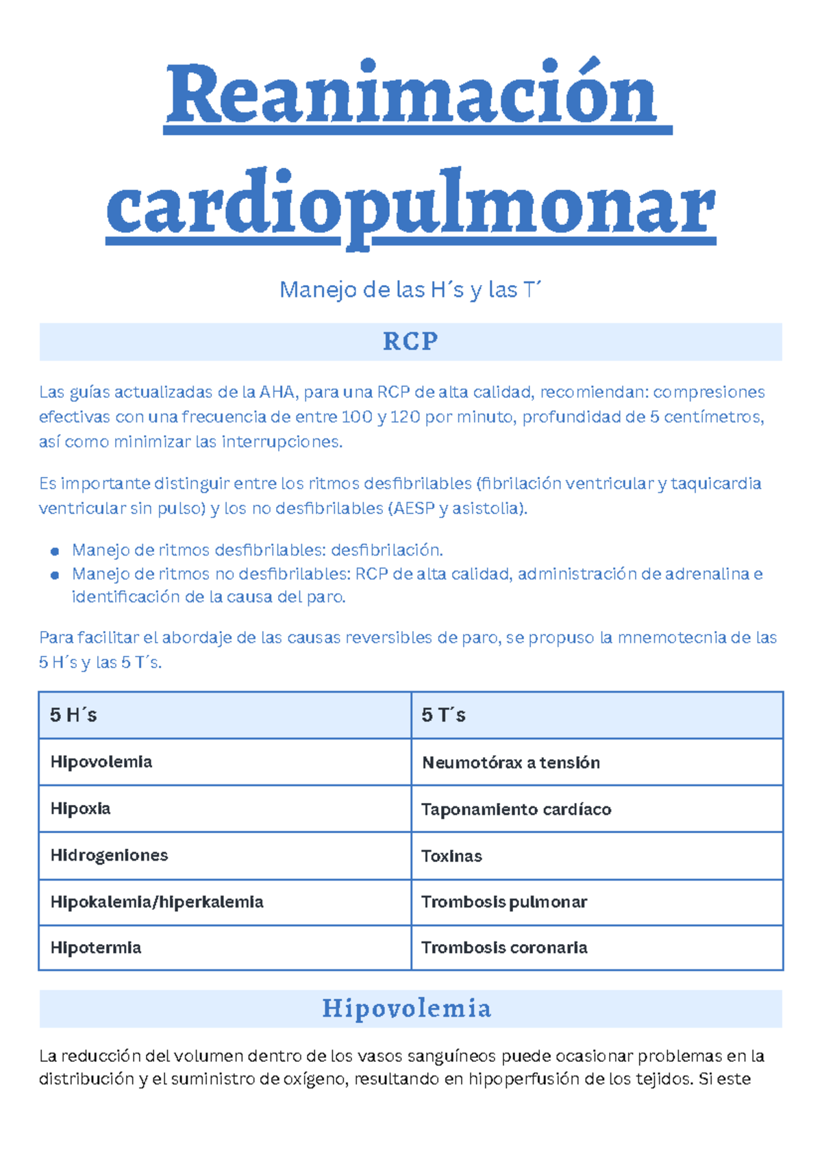 RCP H´S Y T´S-2 - Reanimación cardiopulmonar Manejo de las H ́s y las T ...