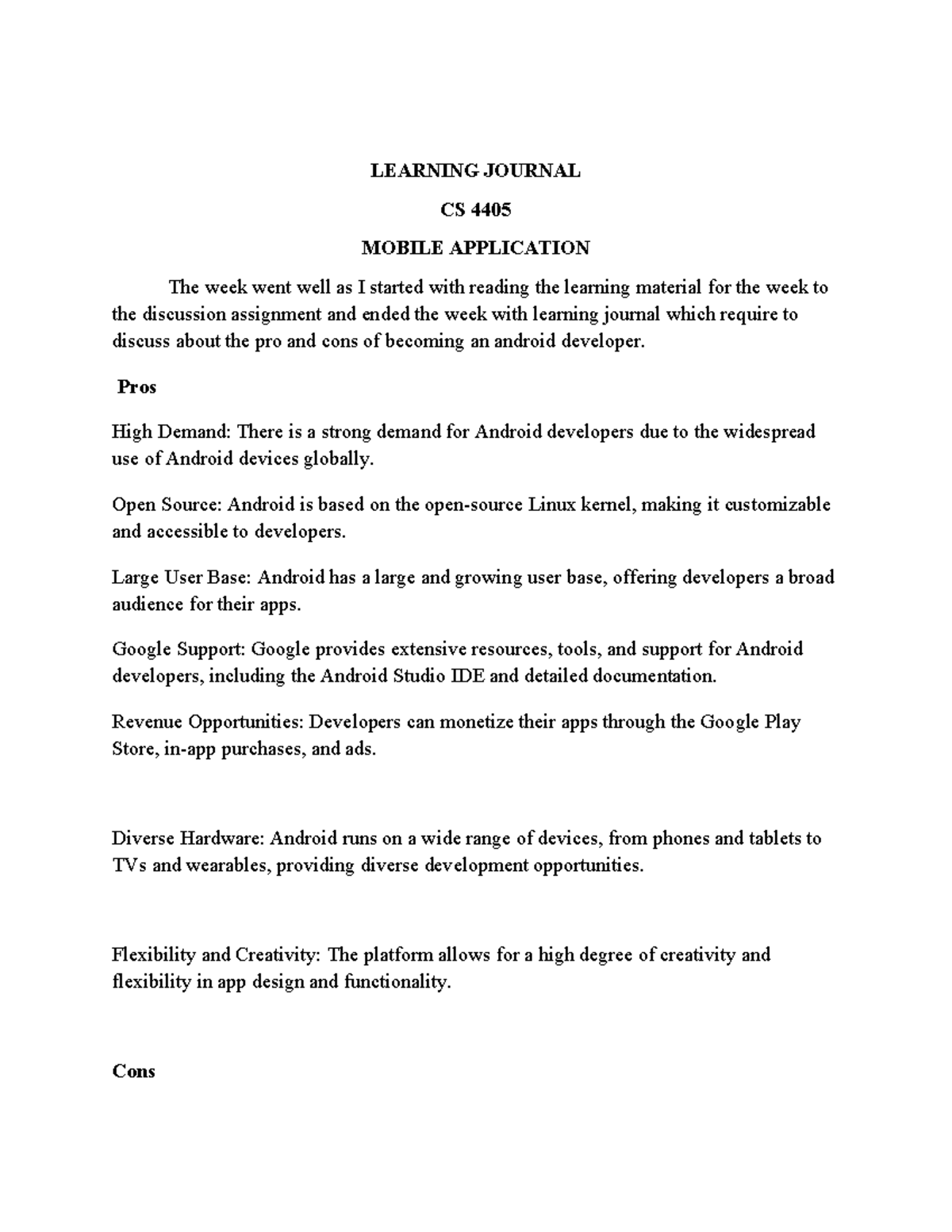 Cs 4405 mobile application unit 2 journal - LEARNING JOURNAL CS 4405 MOBILE APPLICATION The week ...