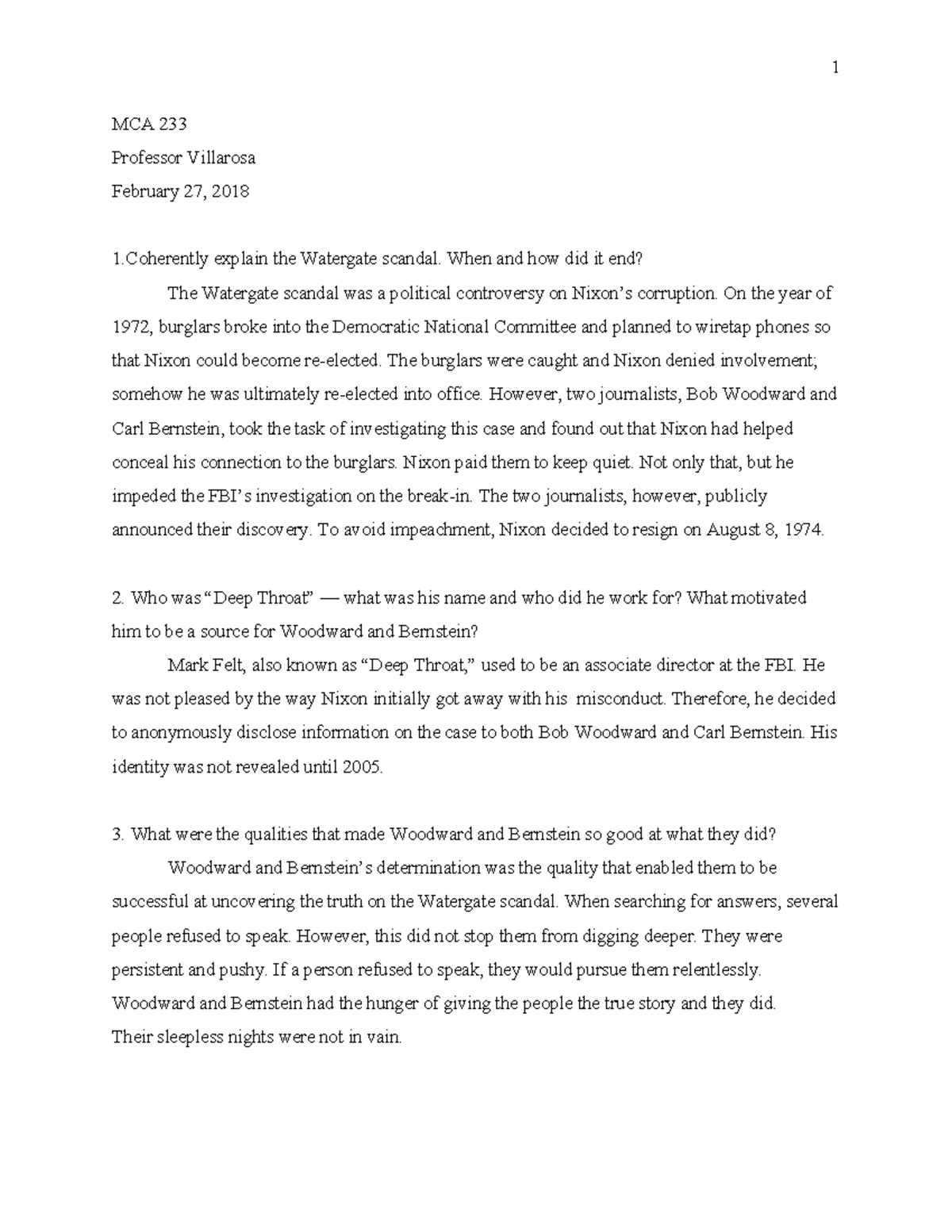 Intro to Journalism- Watergate Assignment - 1 MCA 233 Professor ...