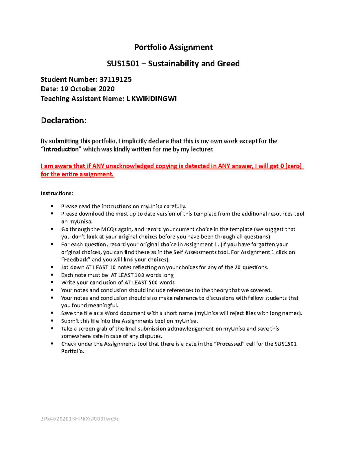 SUS1501 - Grade: C+ - Portfolio Assignment SUS1501 – Sustainability and ...