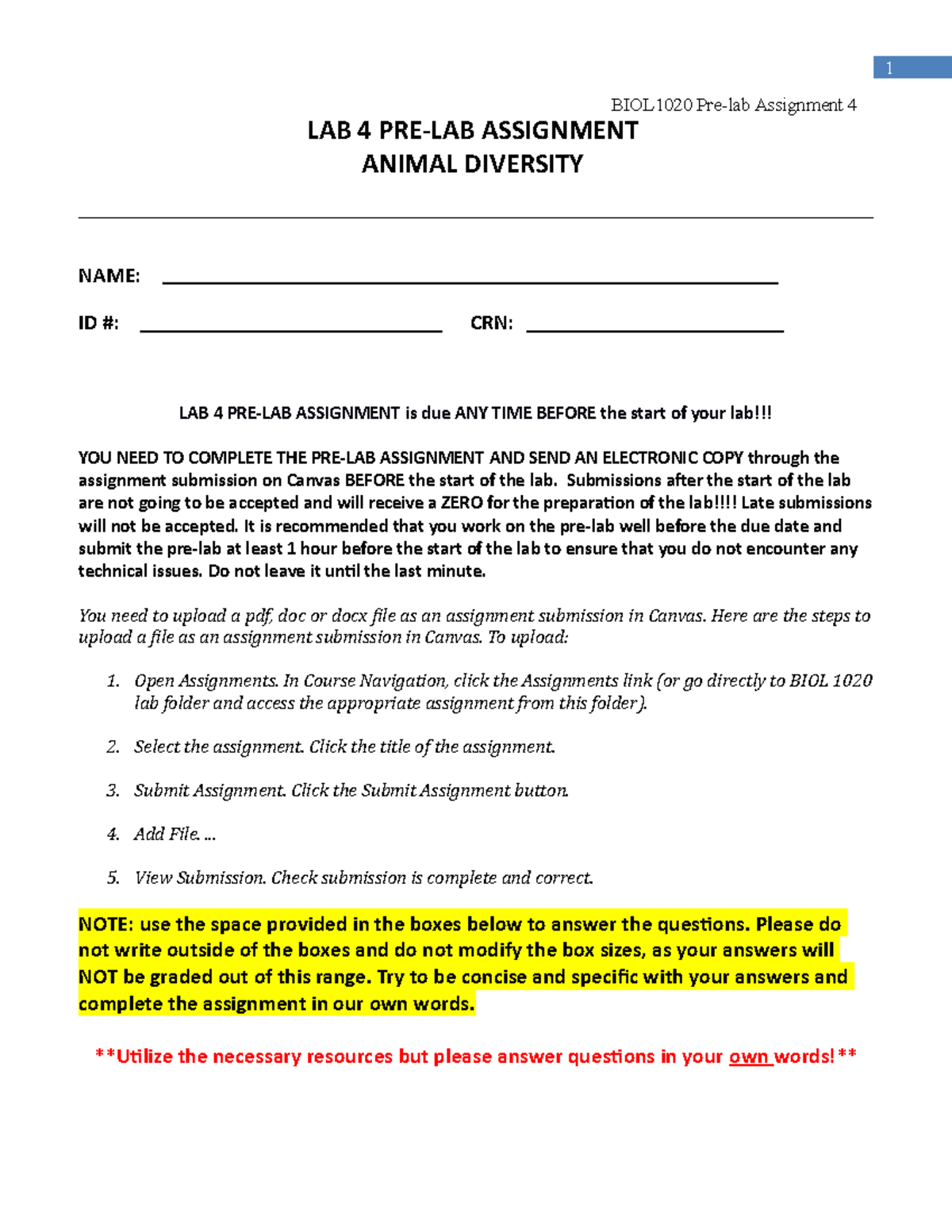 Lab 4 Pre-lab assignment W2021-1 - LAB 4 PRE-LAB ASSIGNMENT ANIMAL ...