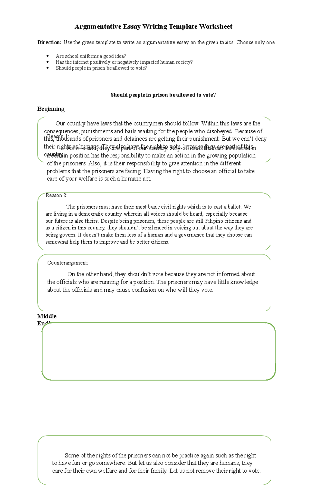 Argumentative Essay Writing Template Worksheet - Argumentative Essay ...