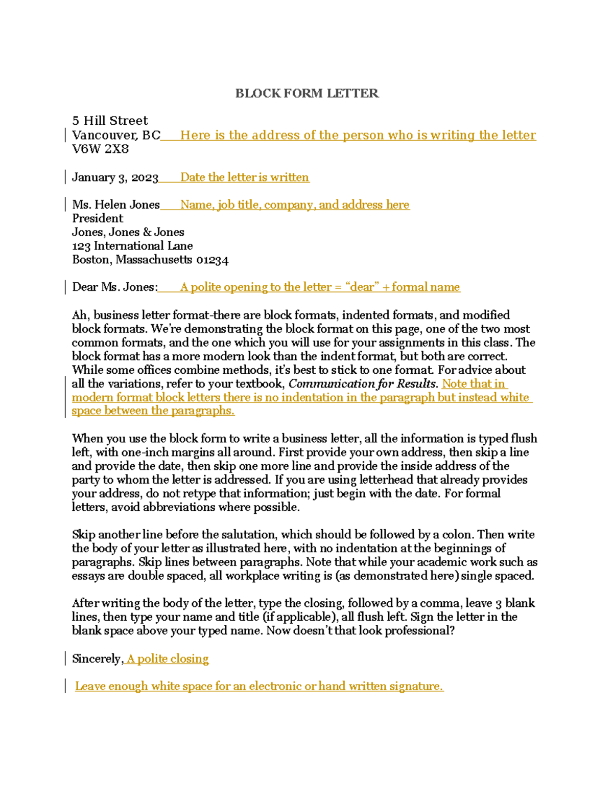 Block FORM Letter Sample - BLOCK FORM LETTER 5 Hill Street Vancouver ...