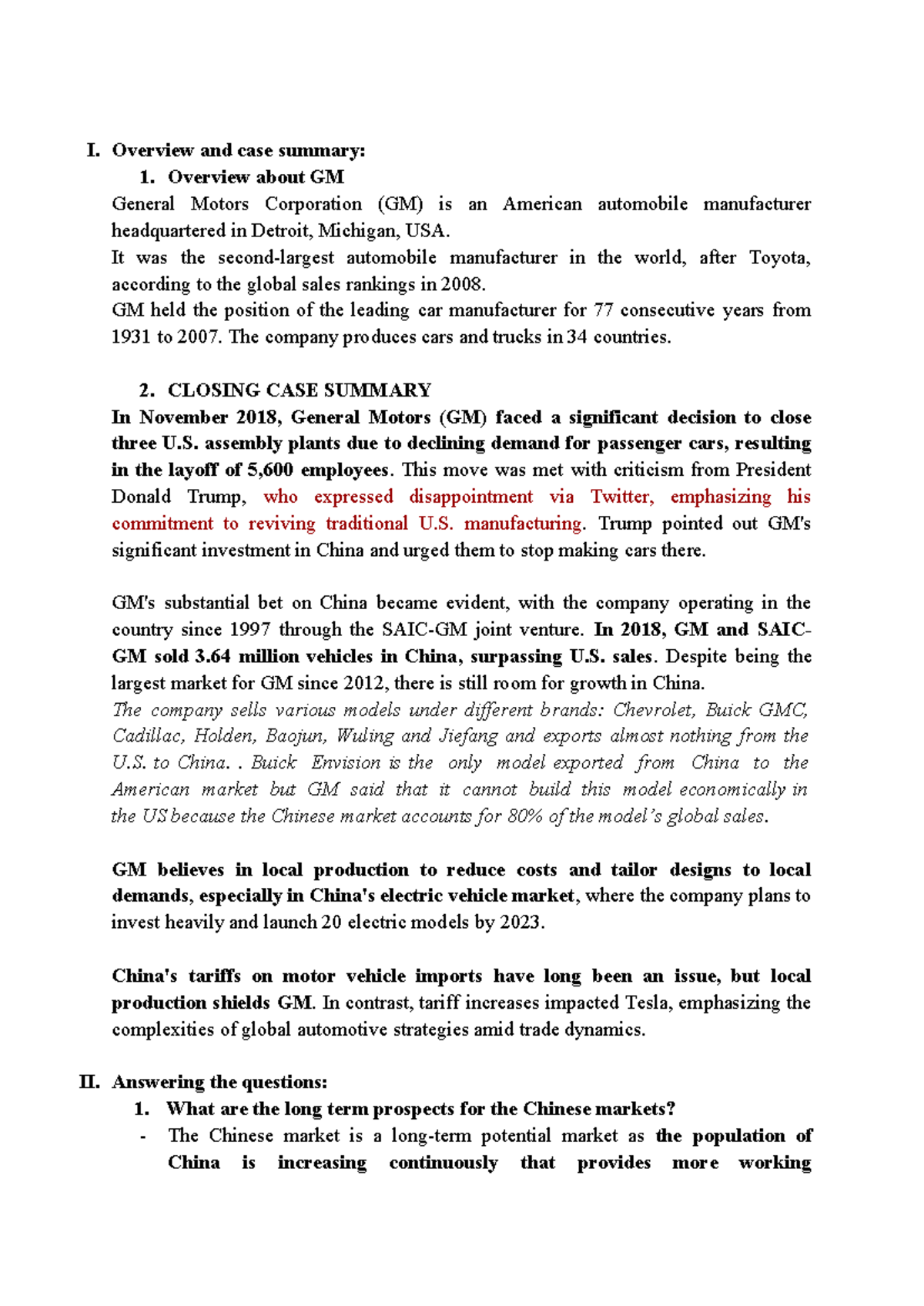 Closing CASE 1 - I. Overview and case summary: 1. Overview about GM ...