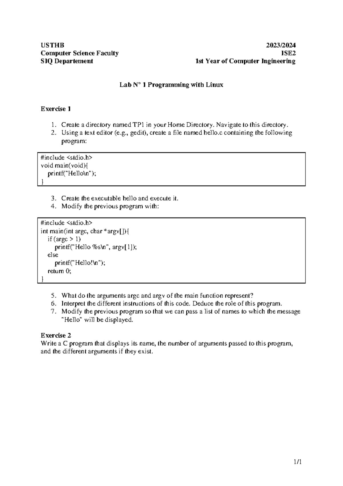 Lab1-Linux - yes - 1 / 1 USTHB 2023/ Computer Science Faculty ISE SIQ Departement 1st Year of ...