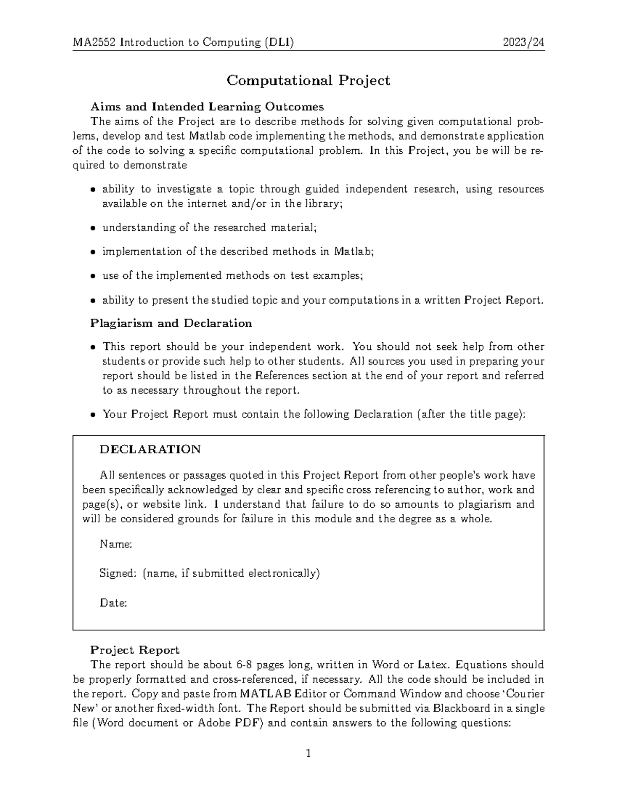 MA2552 Computer Project - Computational Project Aims and Intended Learning Outcomes The aims of ...