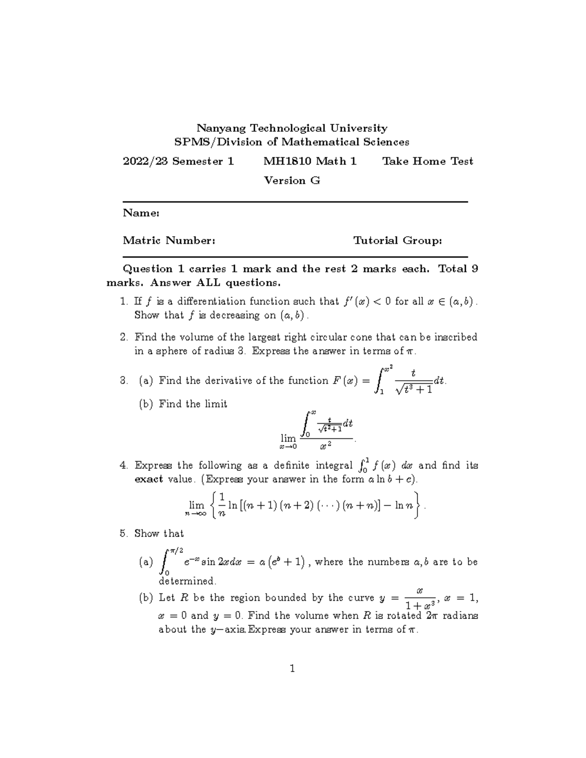 MH1810 Take Home Test 2022 Version G - Nanyang Technological University ...