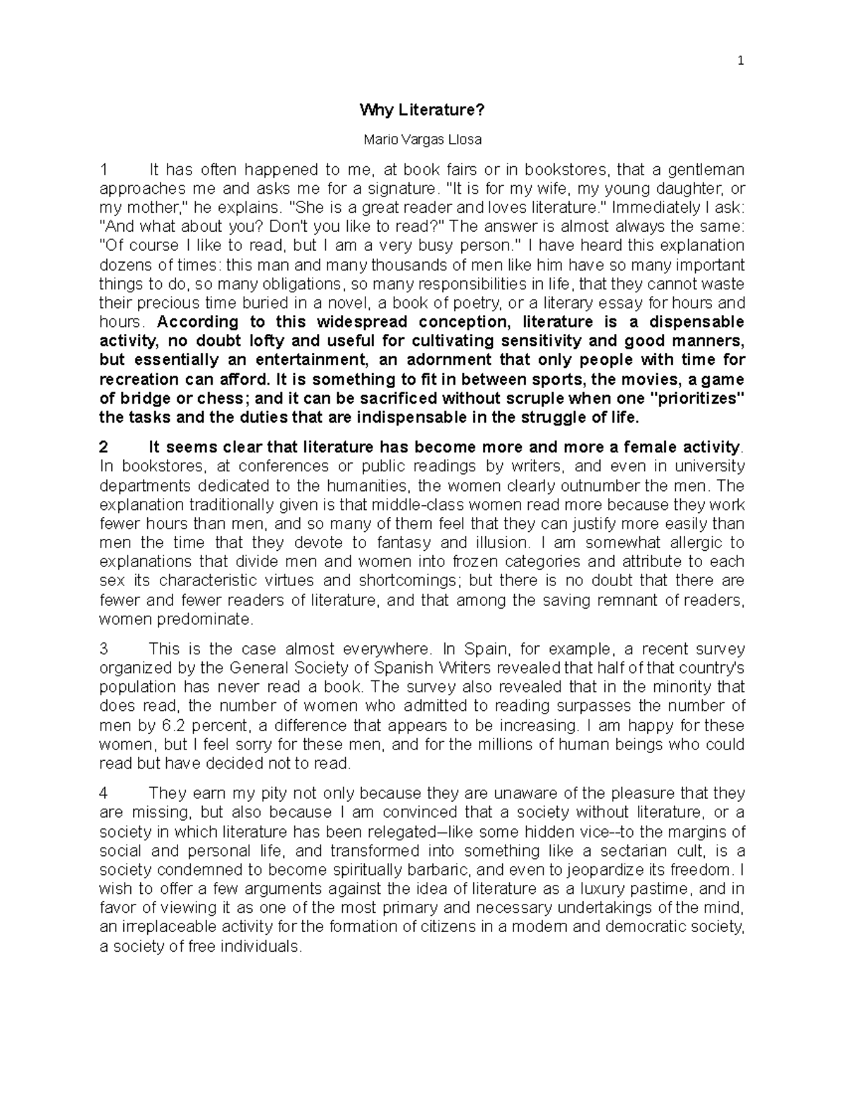 Why Literature - Why Literature? Mario Vargas Llosa 1 It has often ...