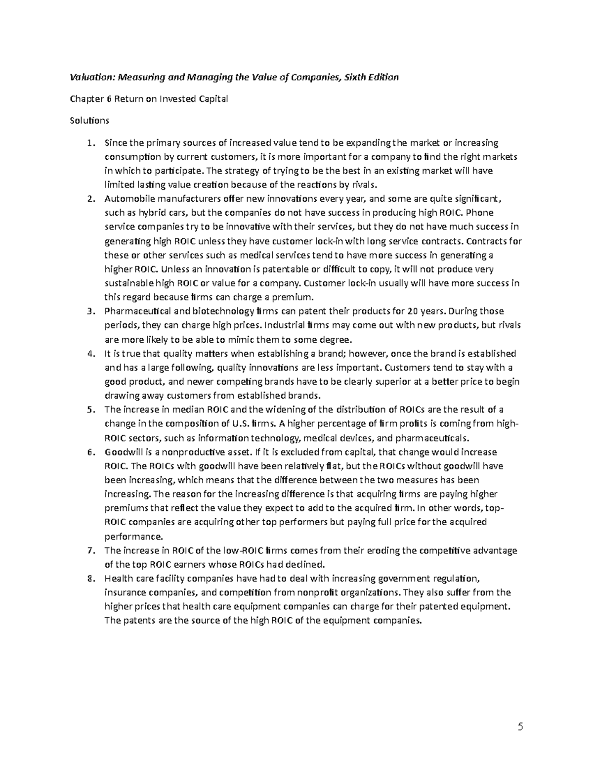 Tutorial week 5 Solutions - Valuation: Measuring and Managing the Value ...