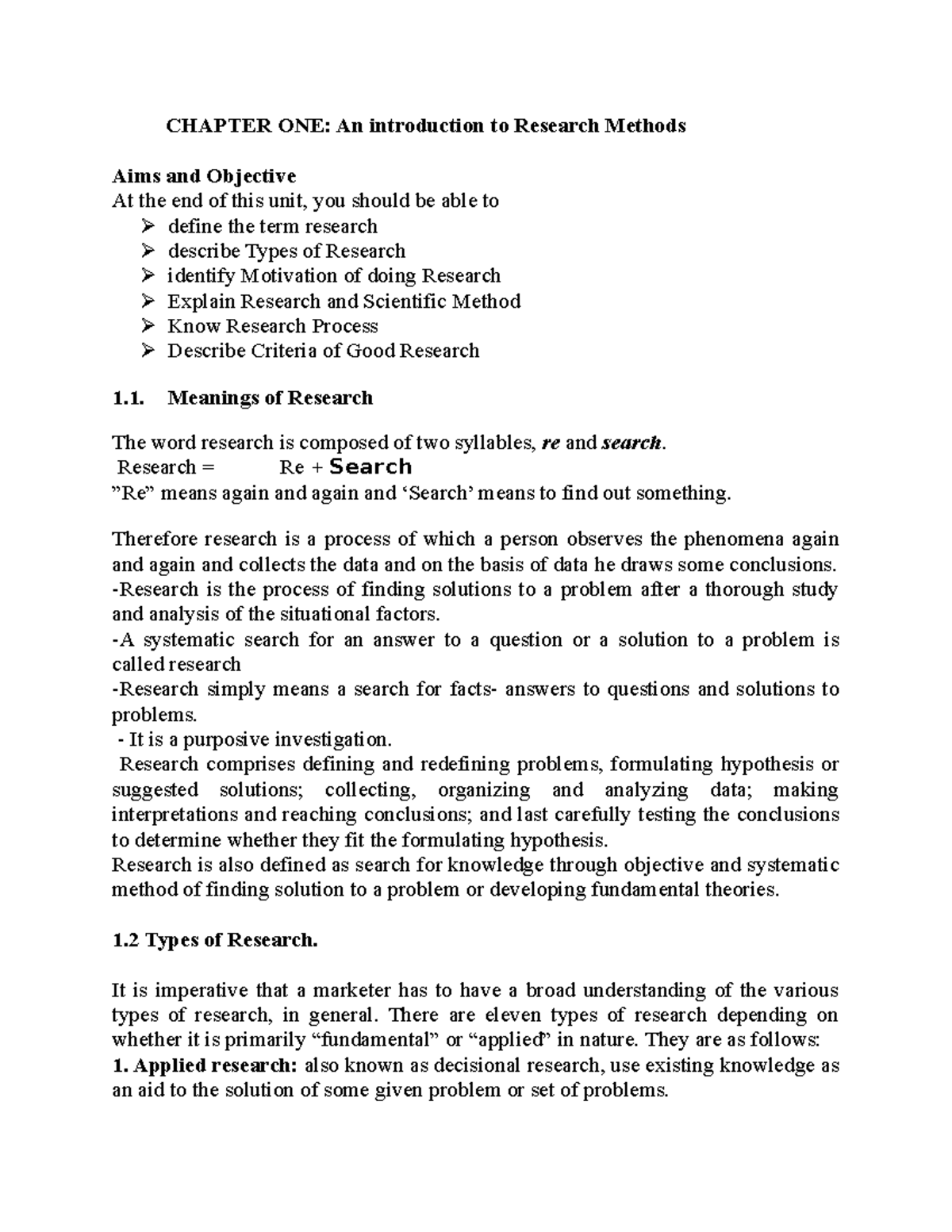 Research CH-1 - CHAPTER ONE: An introduction to Research Methods Aims ...