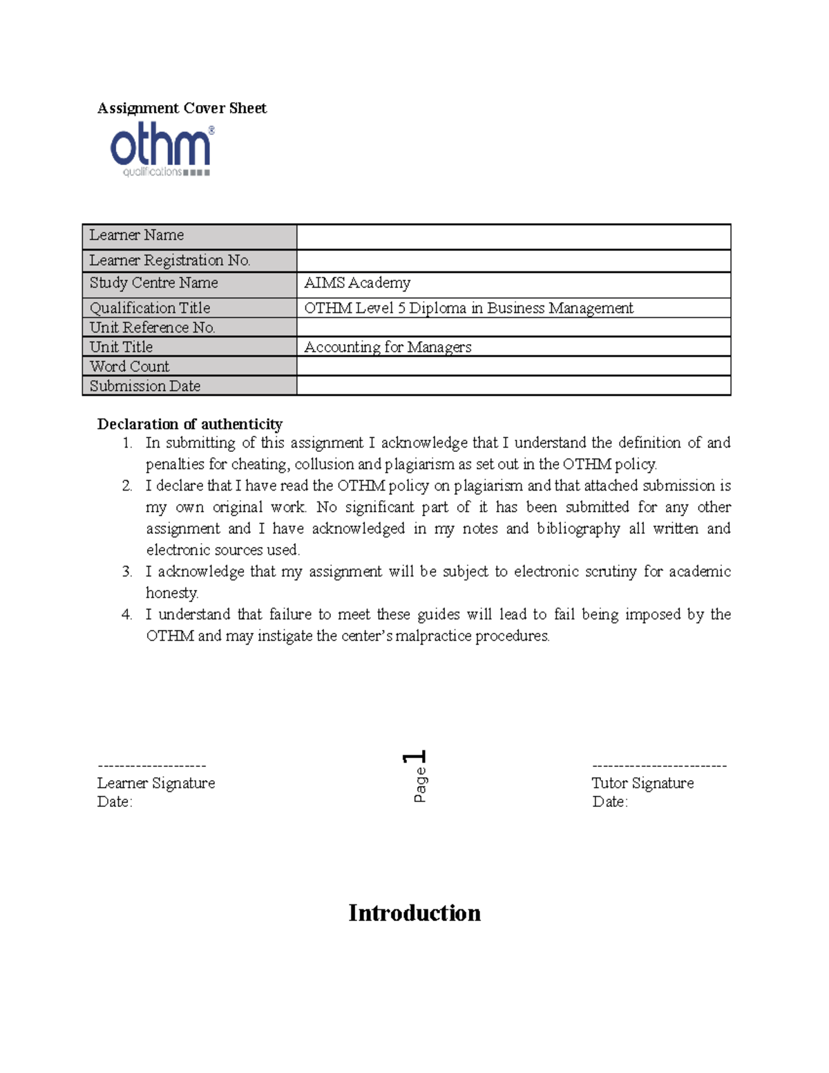 F Accounting for Managers - Page 1 Assignment Cover Sheet Learner Name ...