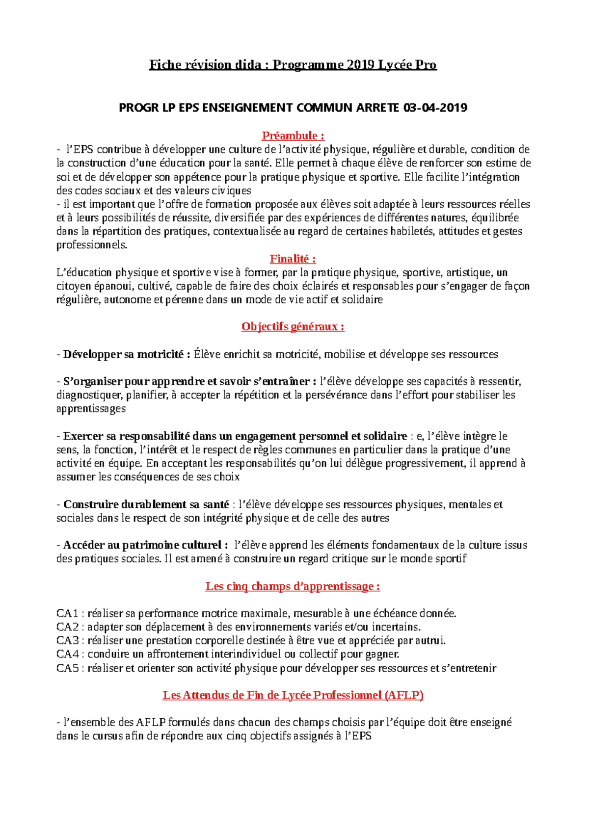 Programme lycée Pro 2019 - Fiche révision dida : Programme 2019 Lycée Pro PROGR LP EPS ...