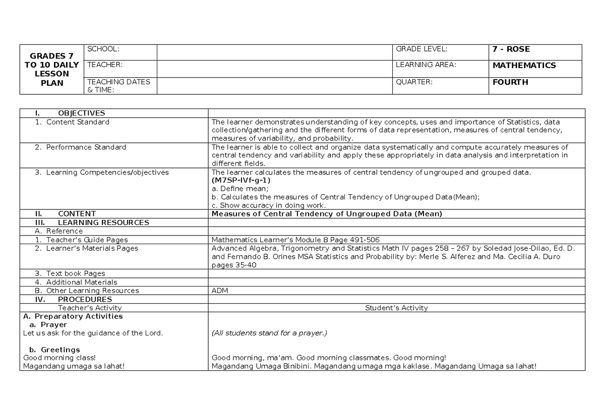 Grade 7 - Daily Lesson Plan - GRADES 7 TO 10 DAILY LESSON PLAN SCHOOL ...