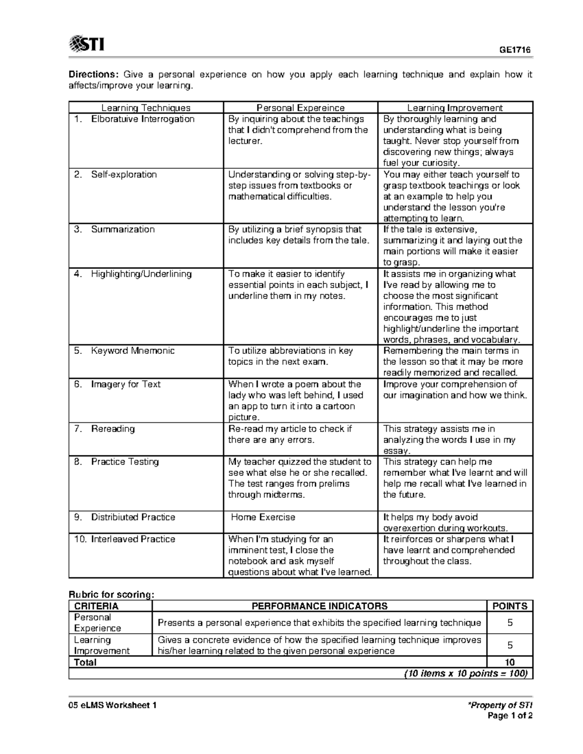 Kaikai - GE 05 eLMS Worksheet 1 *Property of STI Page 1 of 2 Directions ...