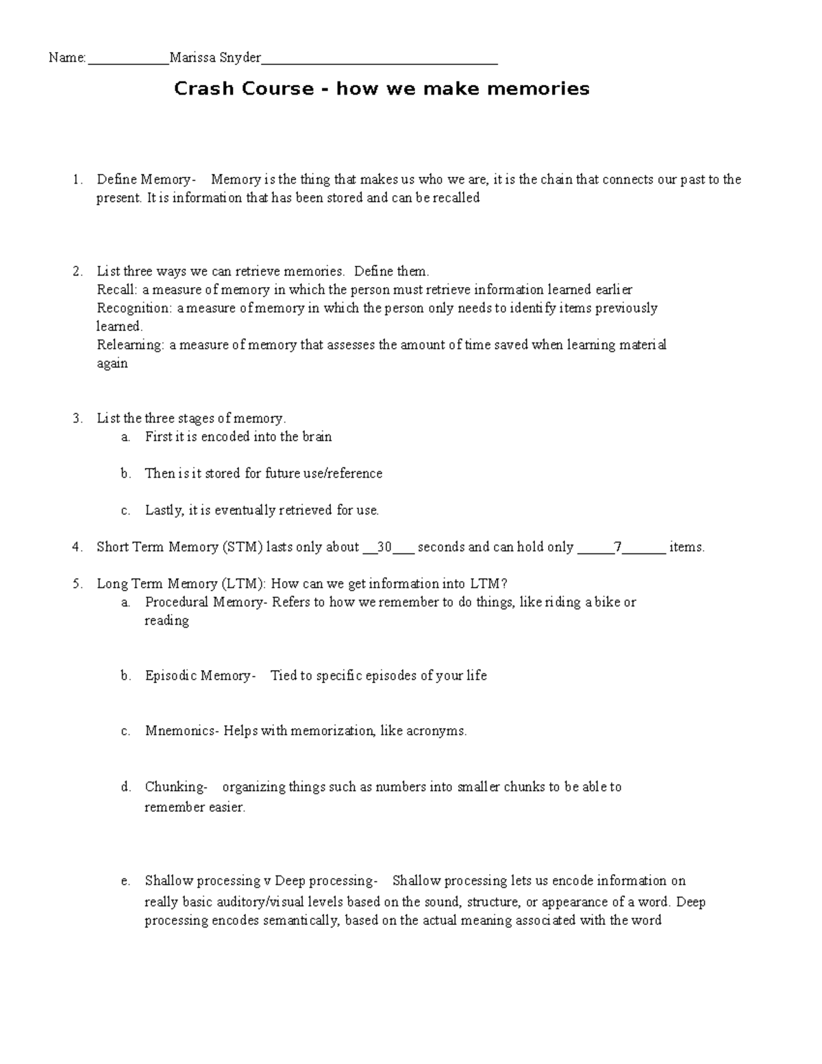 Crash Course - How We Make Memories - Name:Marissa Snyder ...