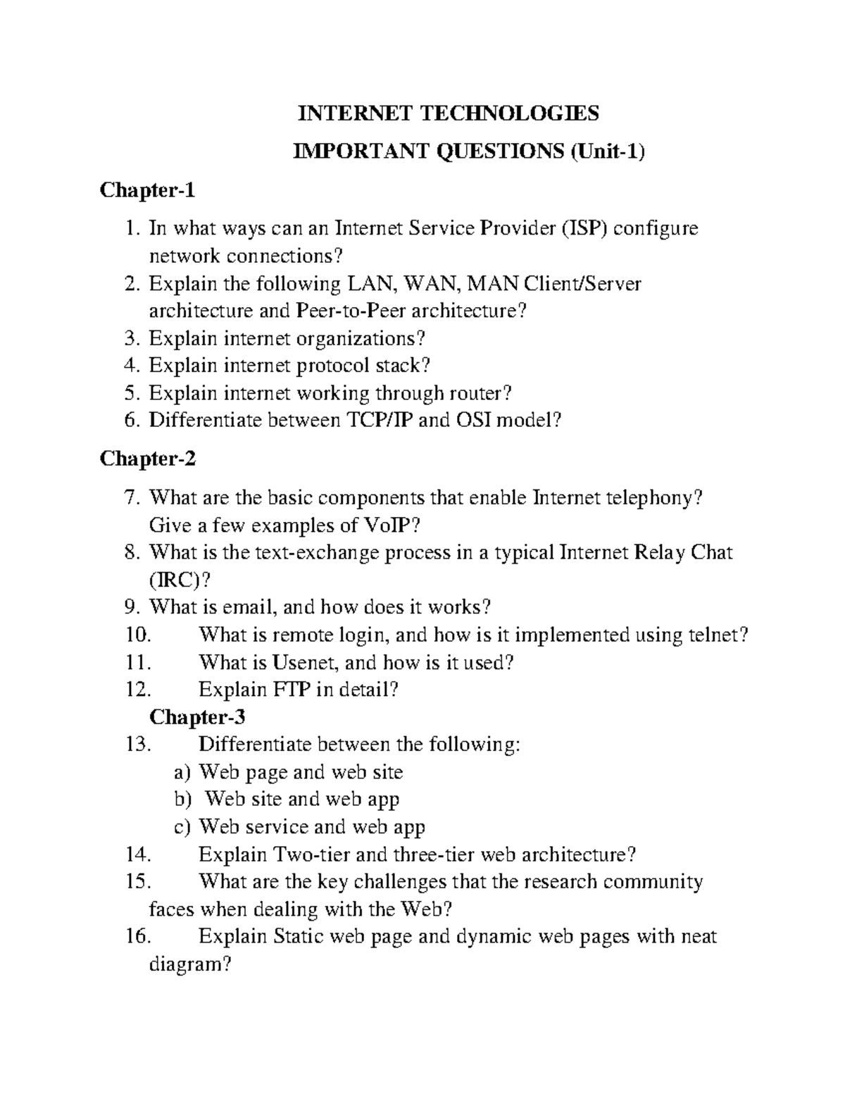 Important Questions (IT) - INTERNET TECHNOLOGIES IMPORTANT QUESTIONS ...