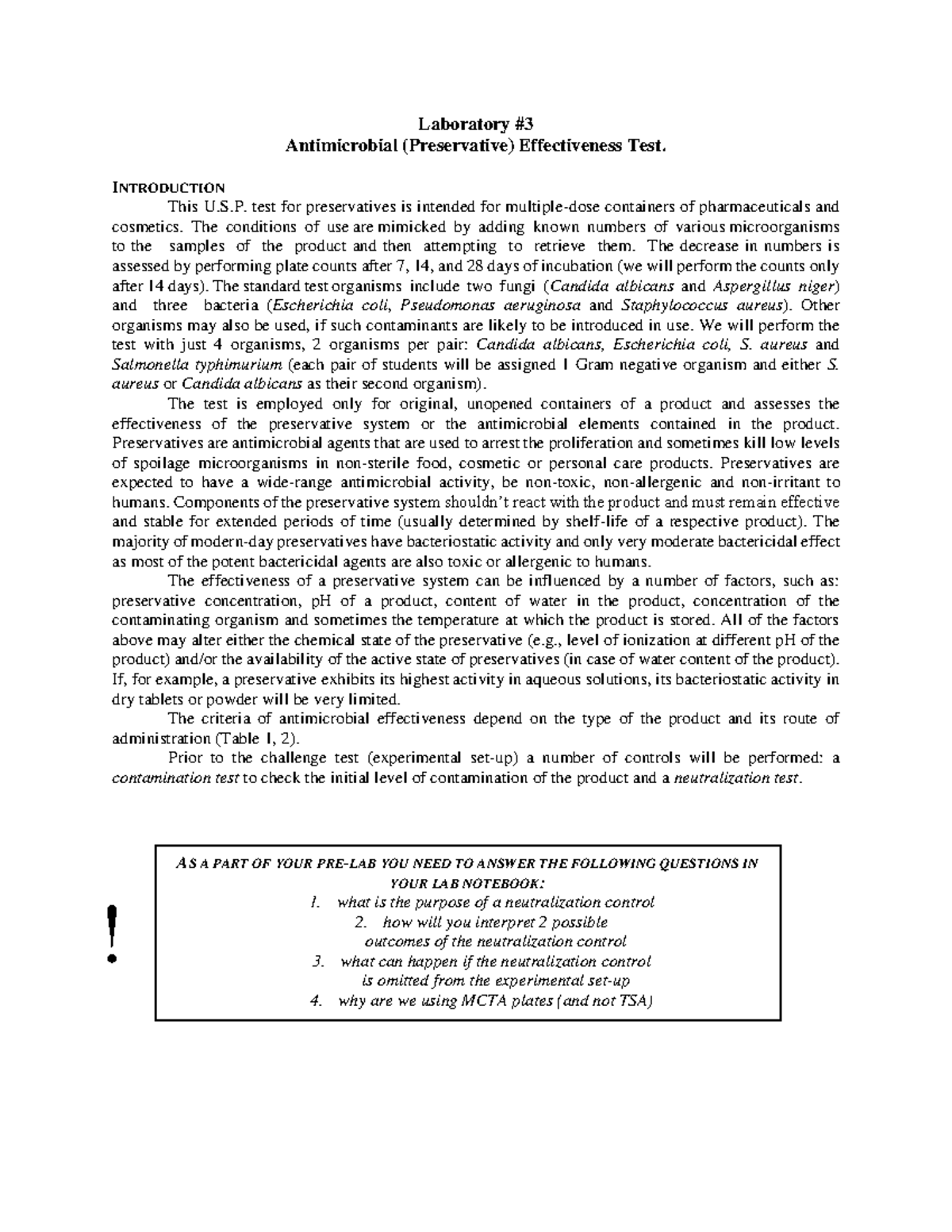 PRESERVATIVE CHALLENGE TEST IN COMMERCIAL SAMPLELab 3 21W1 - Laboratory ...