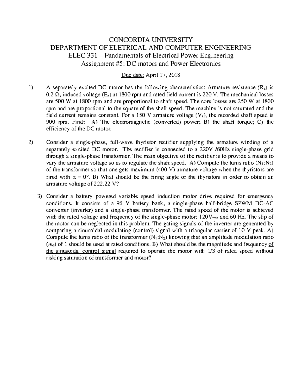 Assignment 5 - CONCORDIA UNIVERSITY DEPARTMENT OF ELETRICAL AND COMPUTER ENGINEERING ELEC 331 ...