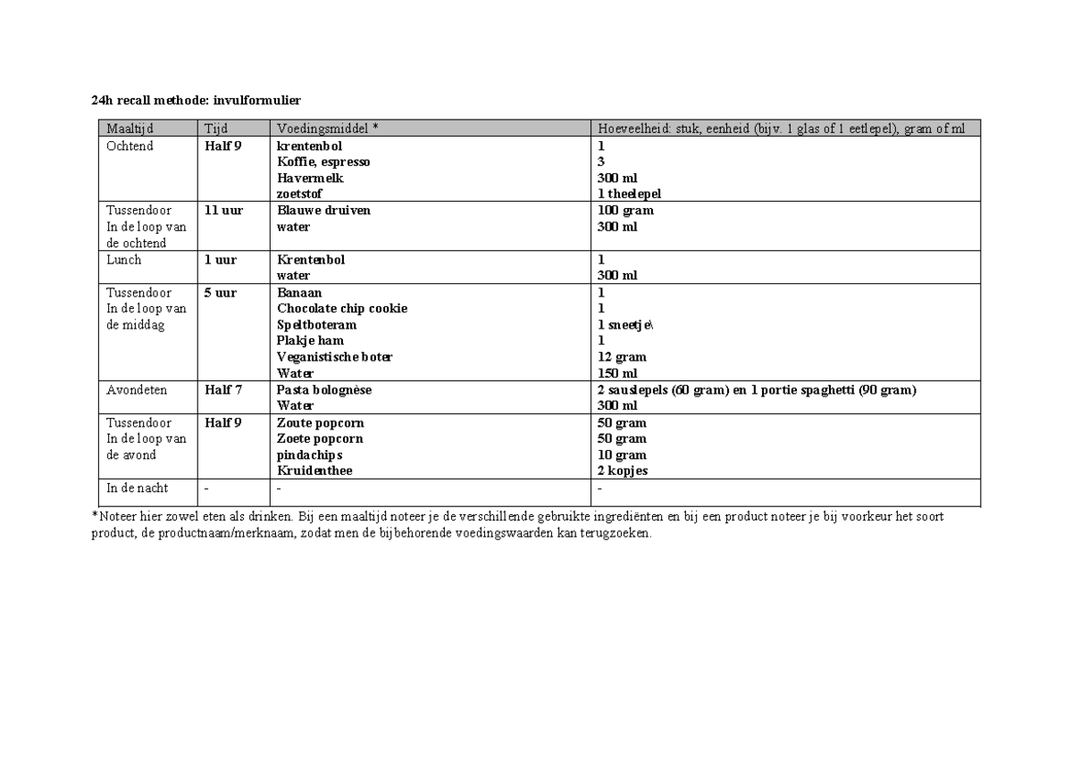 24h recall methode (invulformulier) - 24h recall methode ...