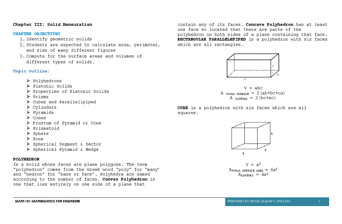 Module 8. Solid Mensuration - Chapter III: Solid Mensuration CHAPTER OBJECTIVES 1. Identify ...