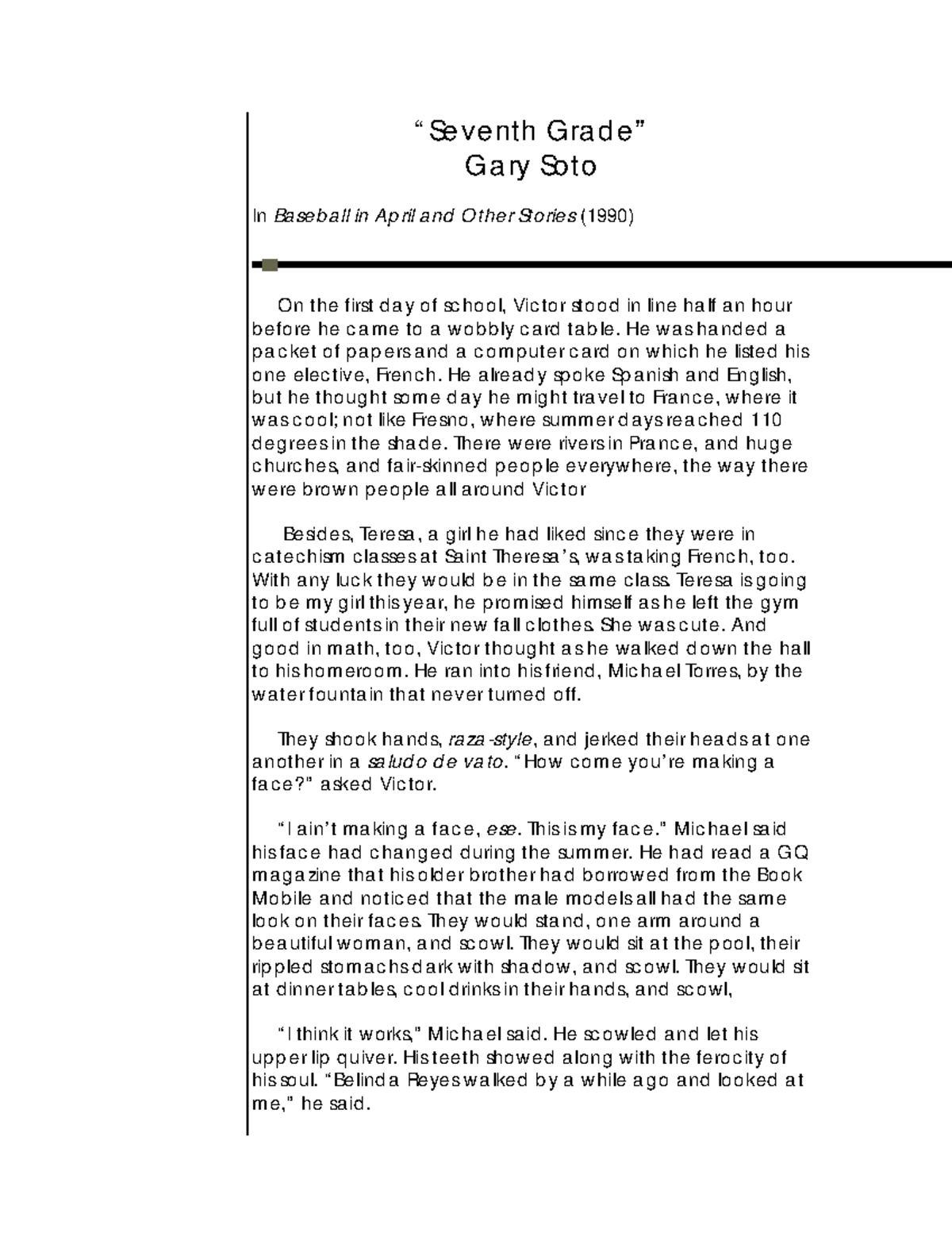 GARY SOTO - Story - “ Seventh Gra d e” Ga ry Soto In Ba seb a ll in Ap ...