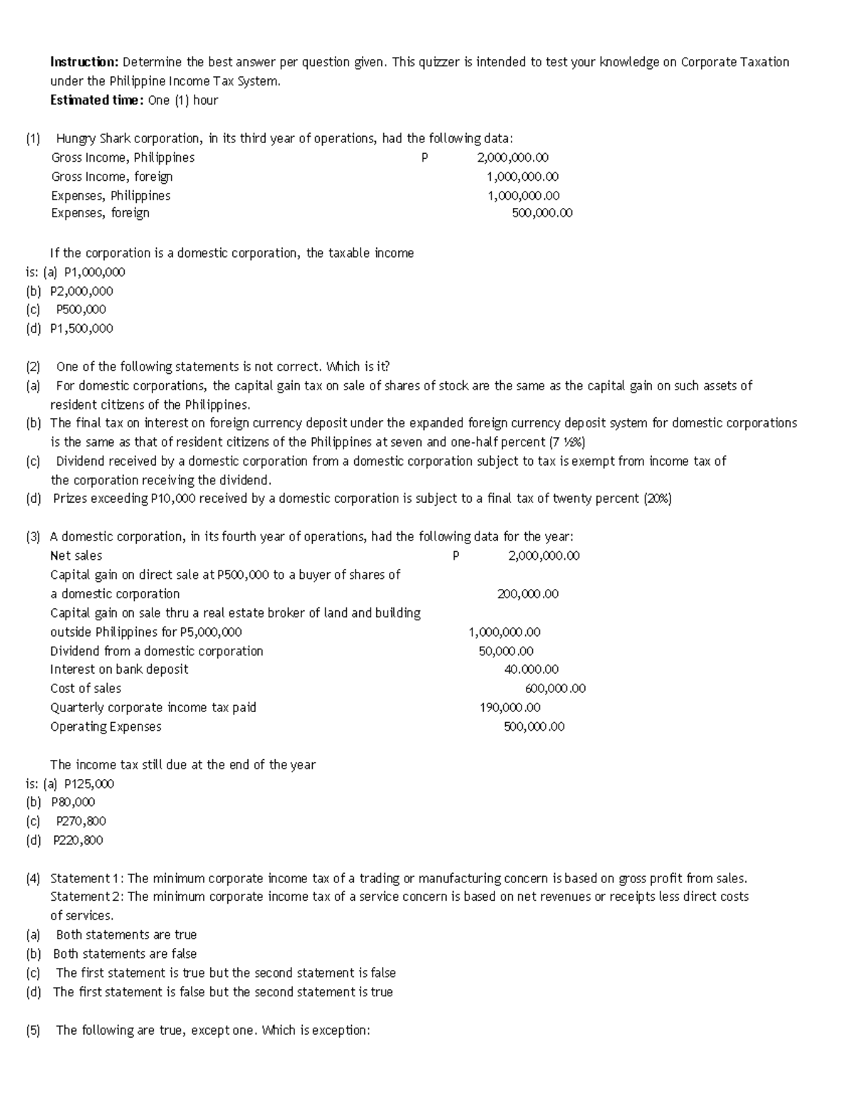 Income-tax-quizzer - TAXATION - Instruction: Determine the best answer ...