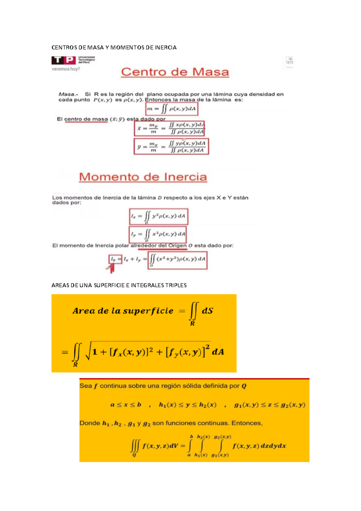 Formulario Examen Final - matematicas - CENTROS DE MASA Y MOMENTOS DE INERCIA AREAS DE UNA - Studocu