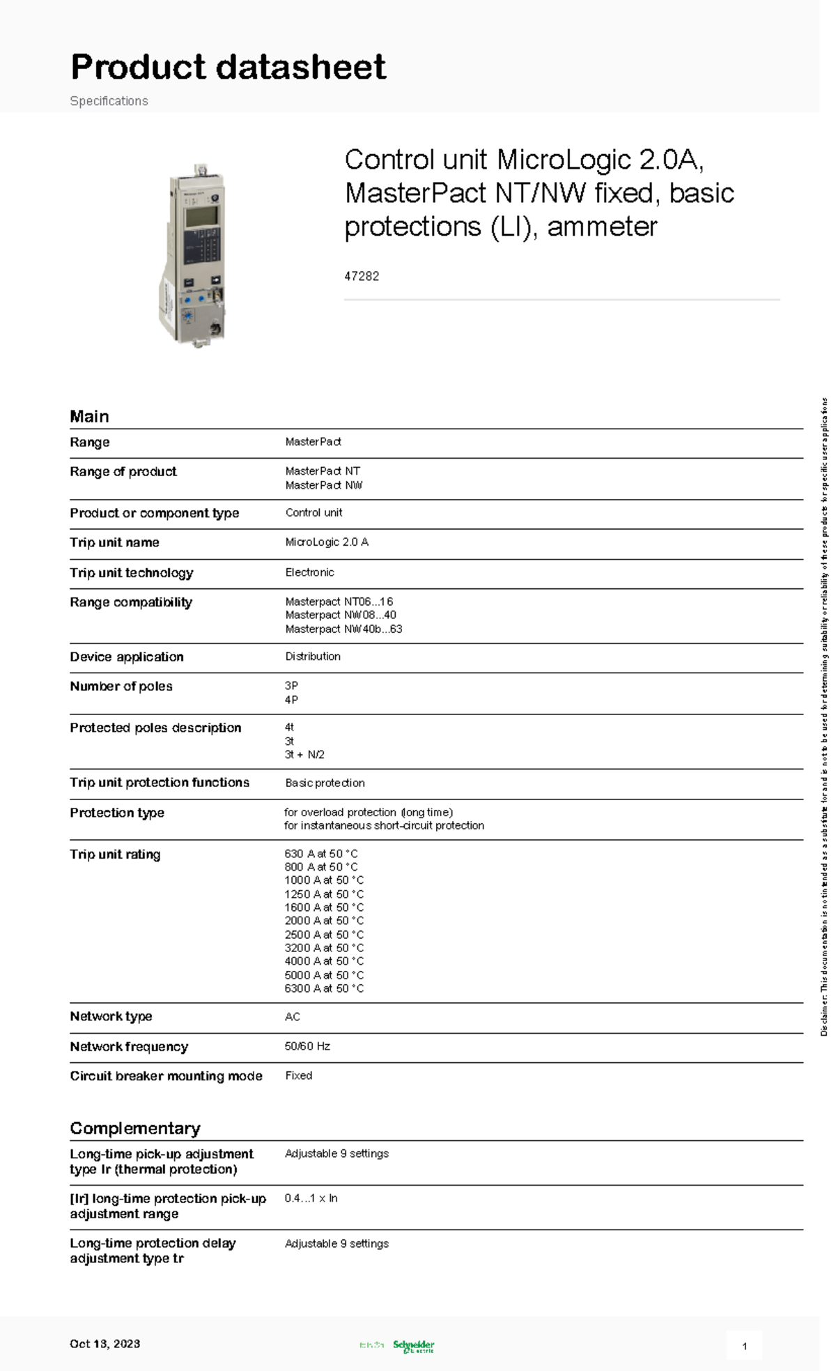 Master Pact NT 47282 - Product datasheet Specifications Control unit ...