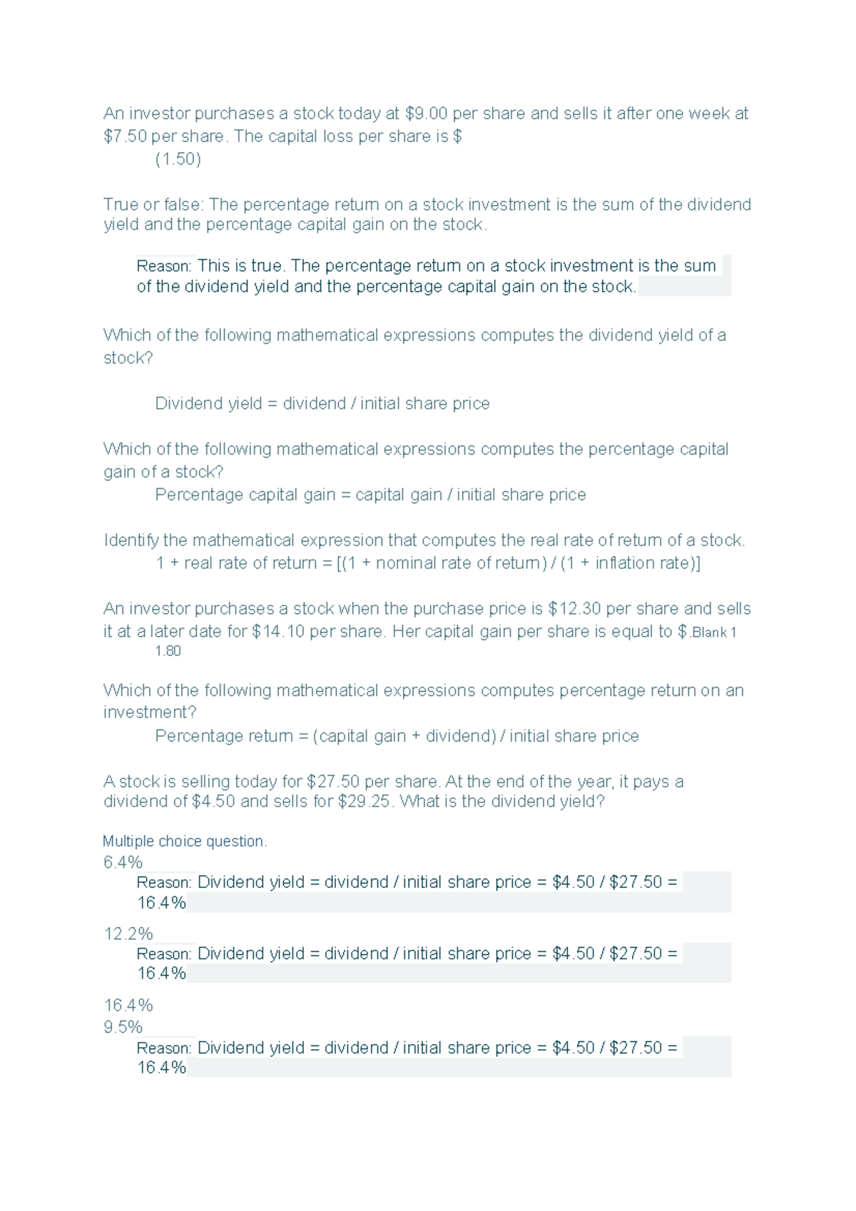 Finance quizzes - An investor purchases a stock today at $9 per share ...