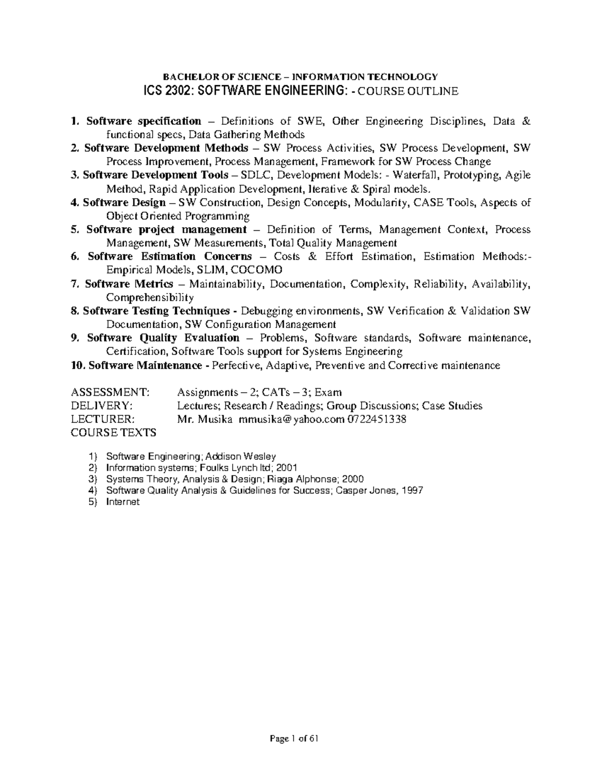233421813 Software Engineering Notes Bachelor Of Science Information Technology Ics 2302