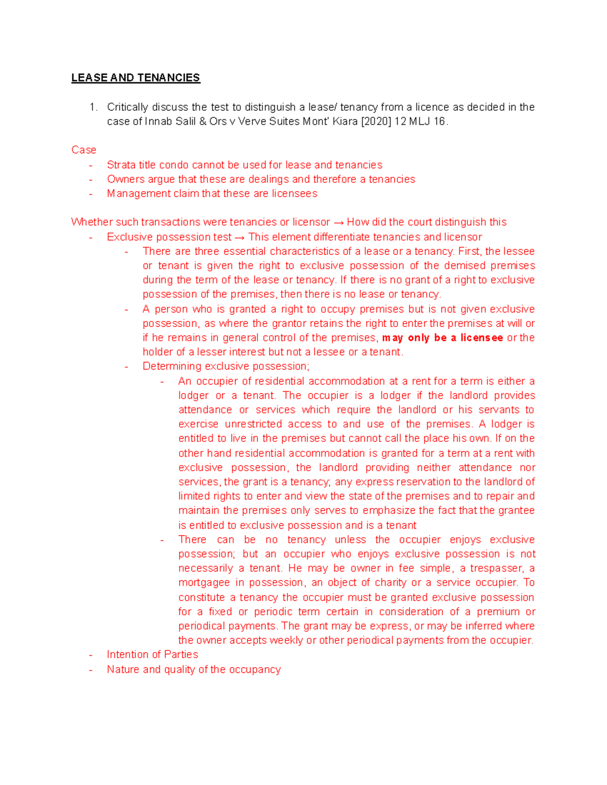 Lease Tutorial w10 - LEASE AND TENANCIES Critically discuss the test to ...