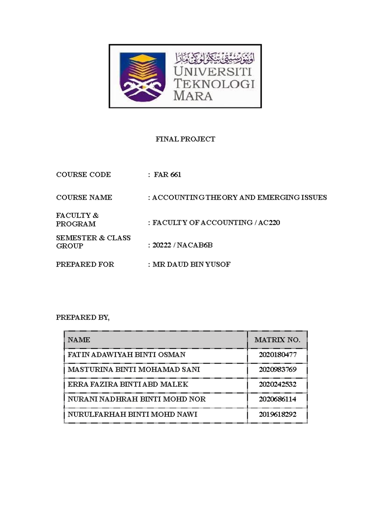 Final Project JUNE2022 FAR661 Group 3 - FINAL PROJECT COURSE CODE : FAR ...