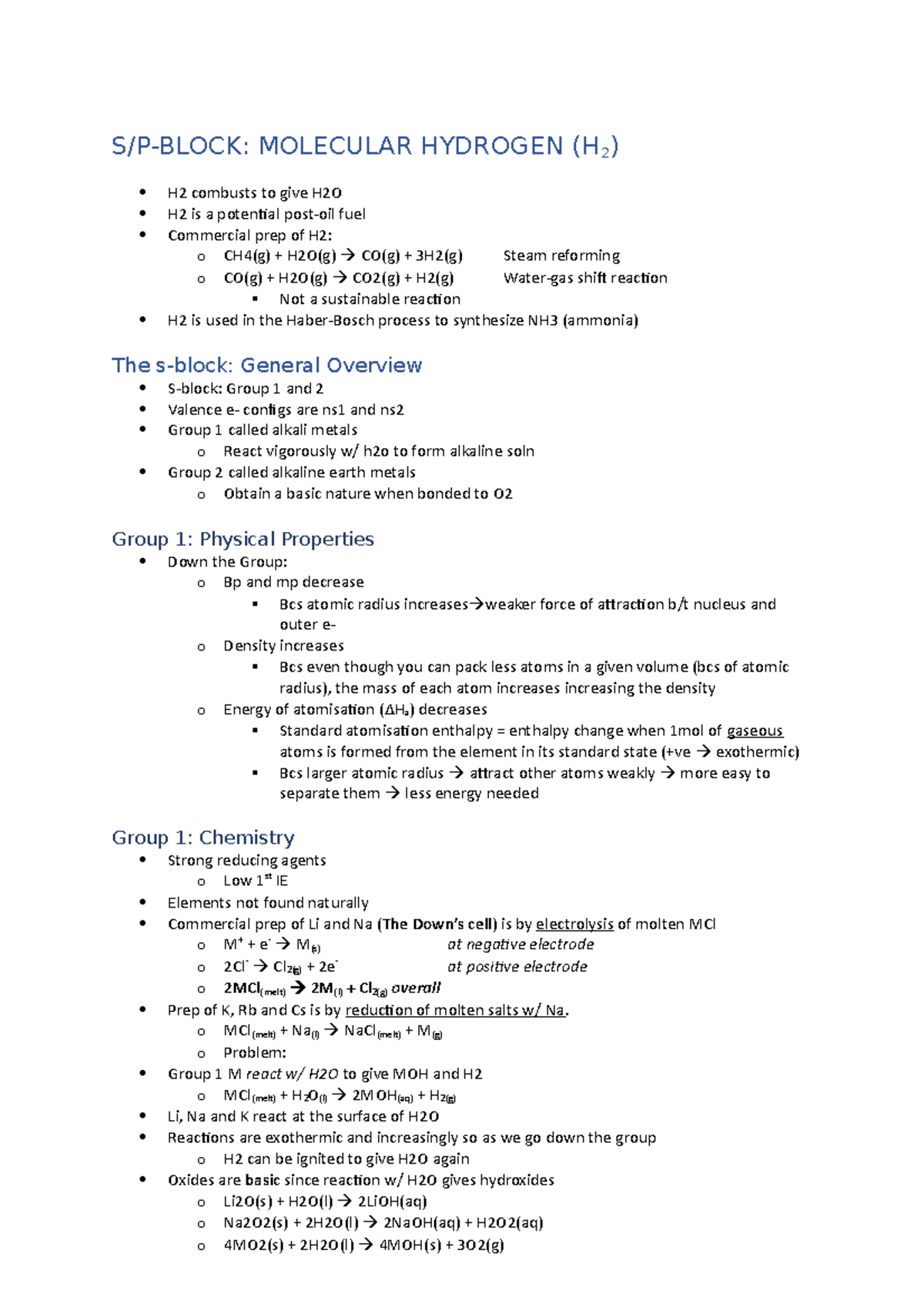 10. LECT 10 - S-P Block - S/P-BLOCK: MOLECULAR HYDROGEN (H 2 ) H2 ...