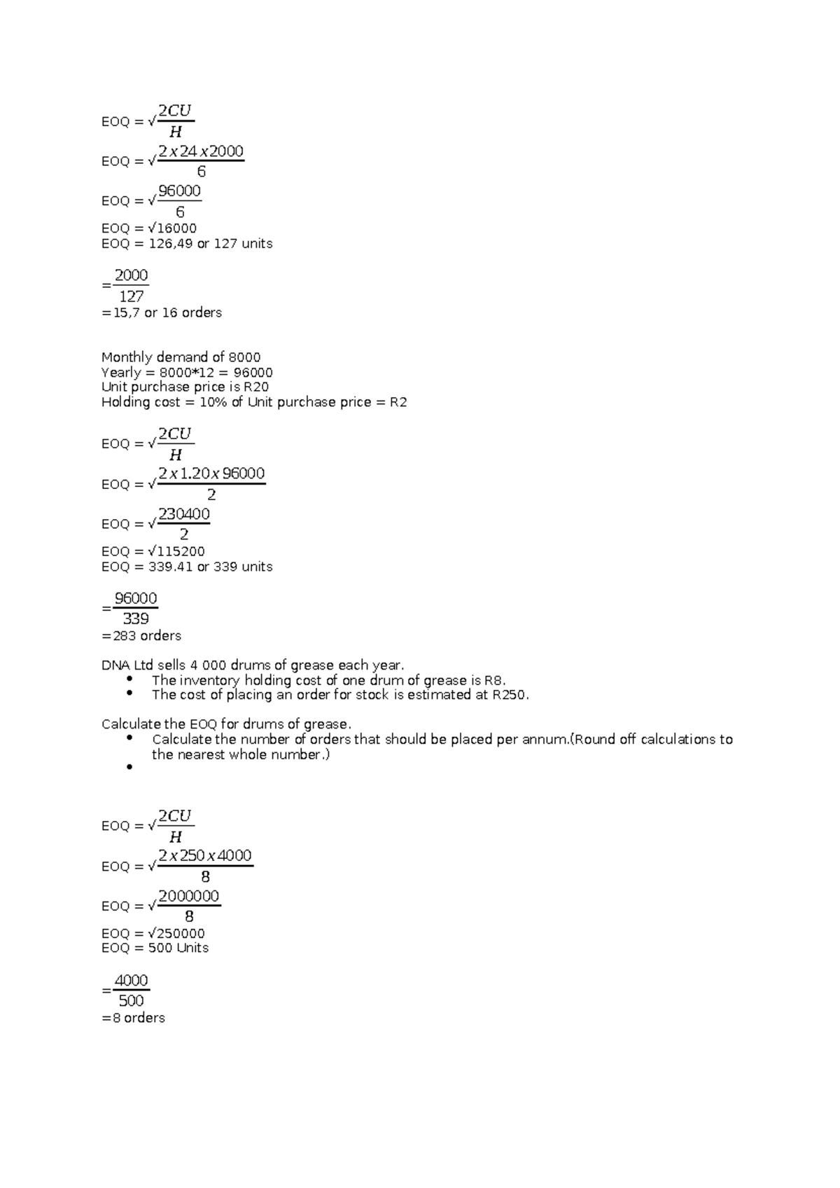 EOQ-Template - EOQ Template - EOQ = √ 2 CU H EOQ = √ 2 x 24 x 2000 6 EOQ = √ 96000 6 EOQ = √ EOQ ...