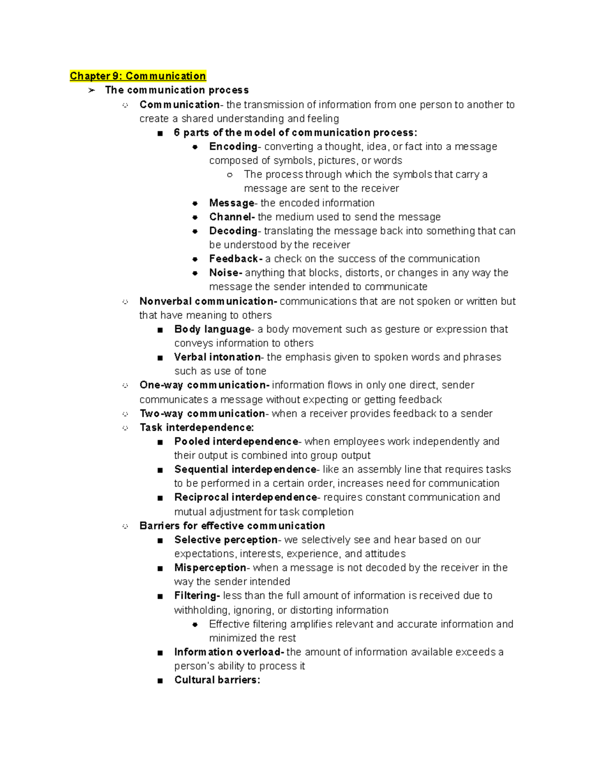 BUAD Ch. 9 Textbook Notes - Chapter 9: Communication The communication ...