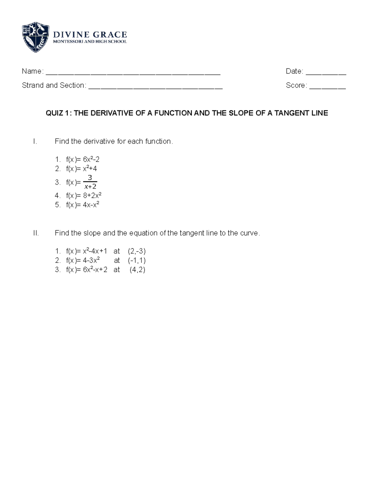 Grade 11 STEM QUIZ 1 - Calculus 1 - Name ...