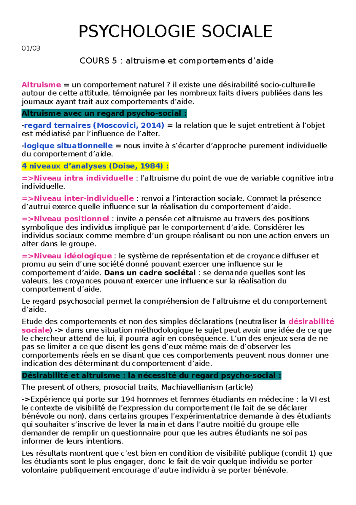 Cours 5° - PSYCHOLOGIE SOCIALE 01/ COURS 5 : altruisme et comportements ...