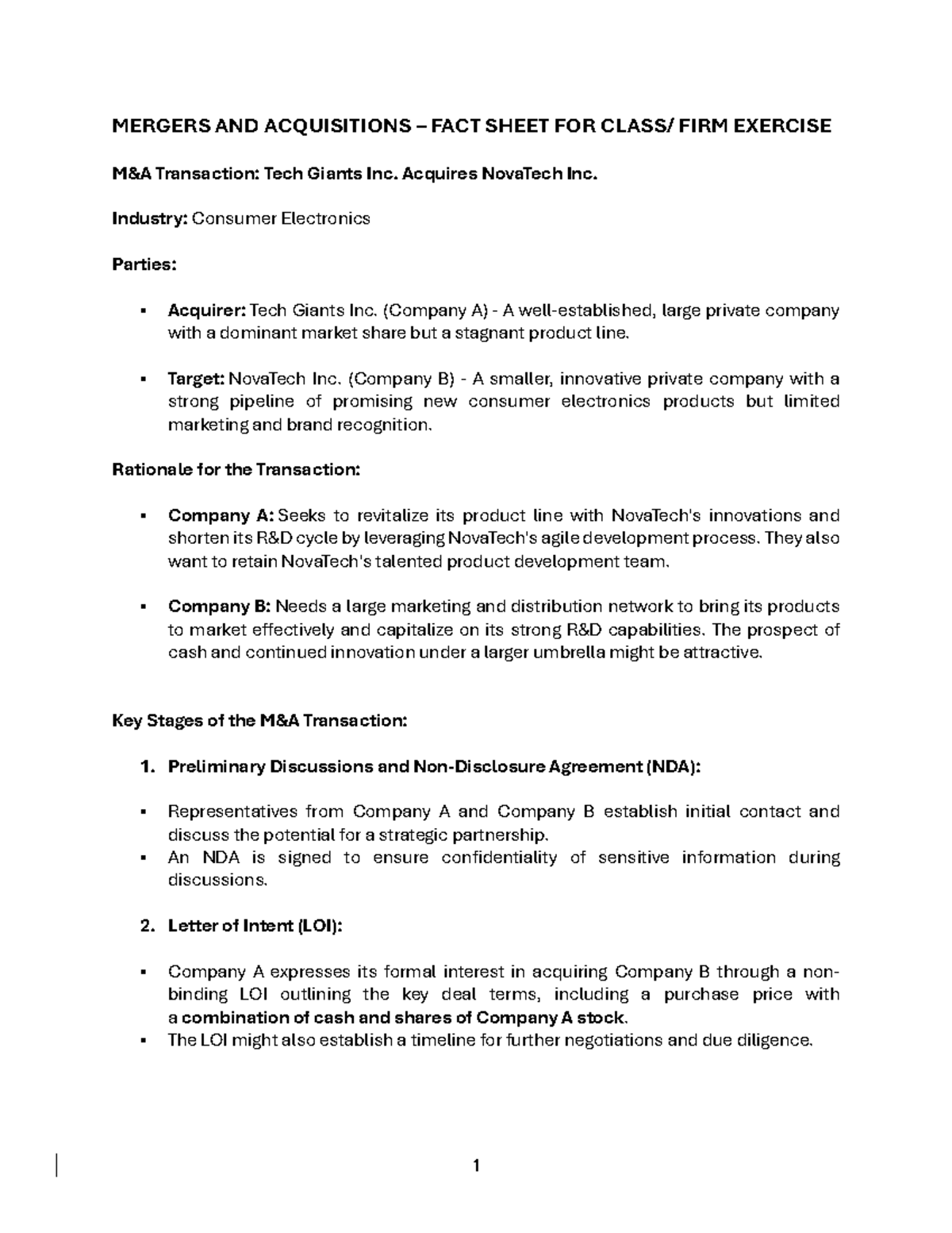 Mergers AND Acquisitions FACT Sheet FOR Class Exercise - MERGERS AND ...