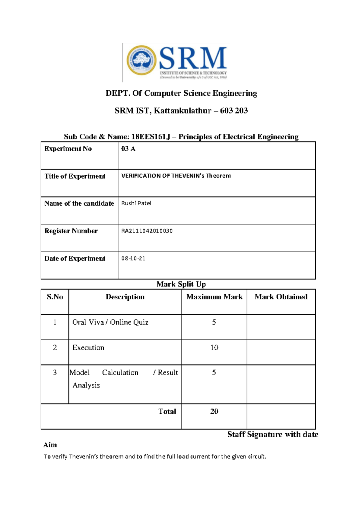 Experiment 3a-Verification of Thevenin's theorem - DEPT. Of Computer ...