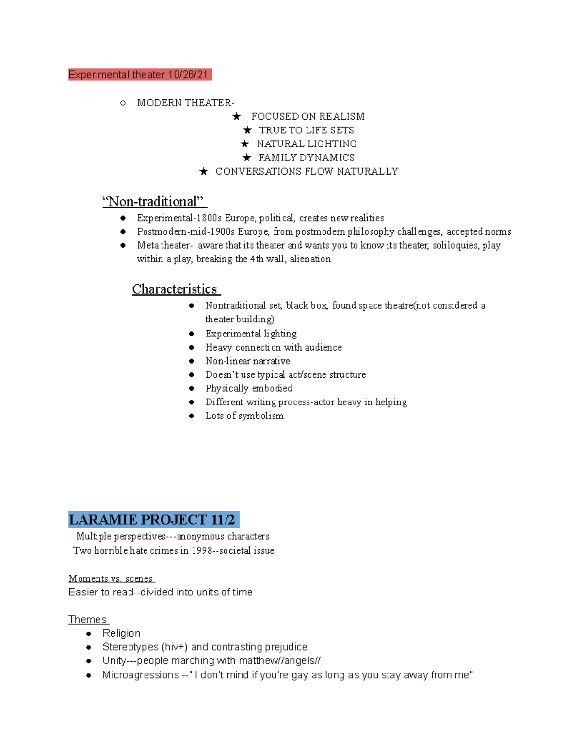 Notes - Experimental theater 10/26/ MODERN THEATER- ★ FOCUSED ON ...