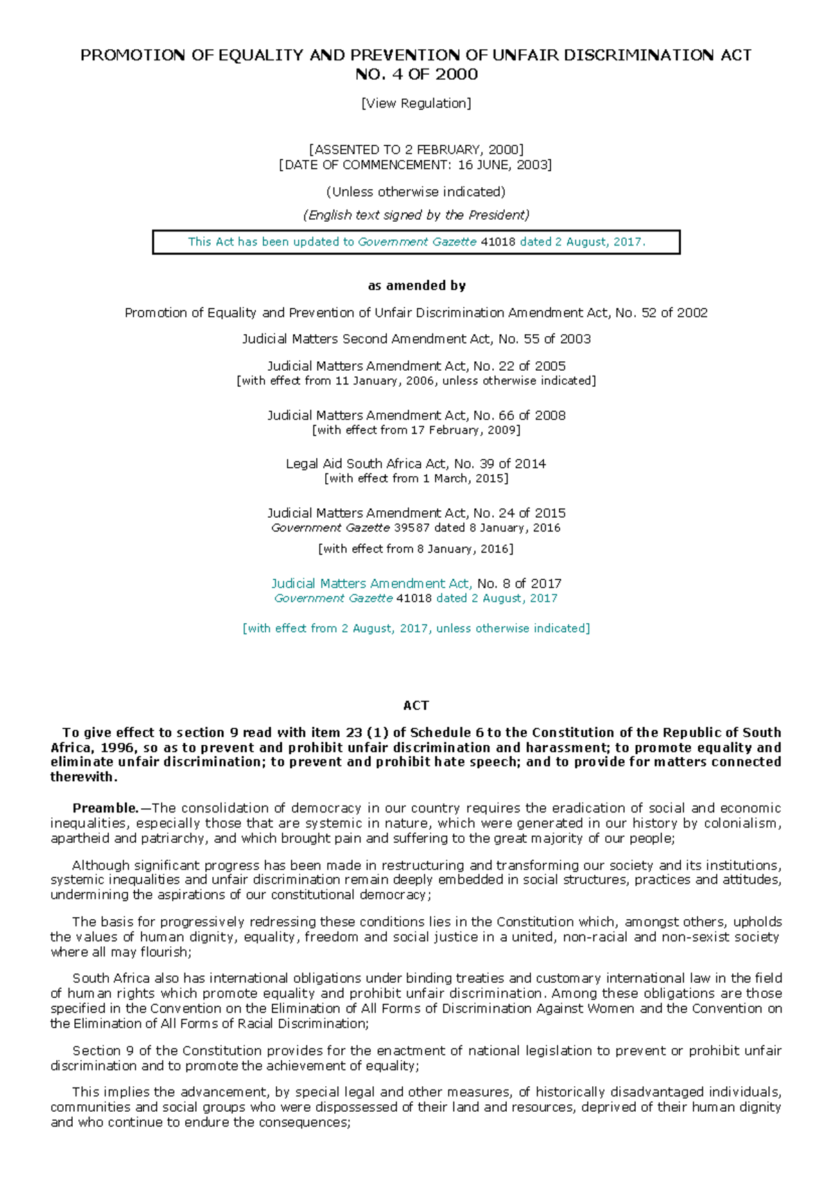 Promotion of Equality and Prevention of Unfair Discrimination Act No ...