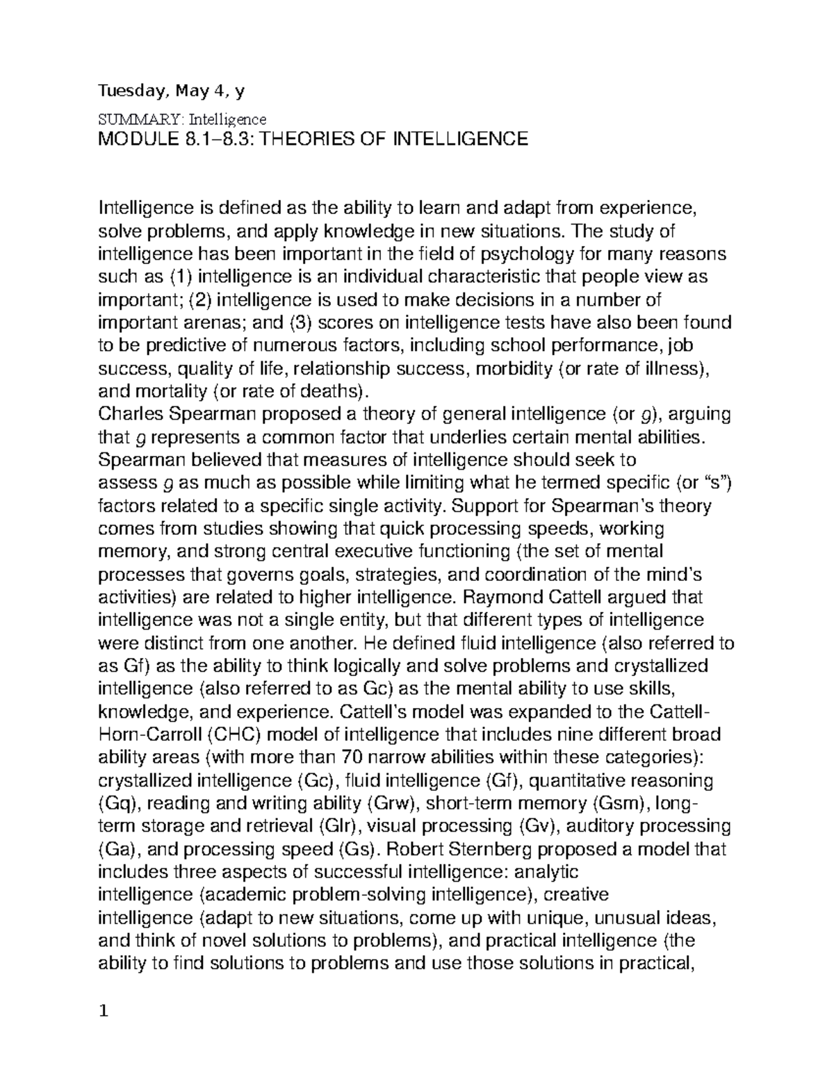 Intelligence Notes - Written By Kayla Serota - SUMMARY: Intelligence ...